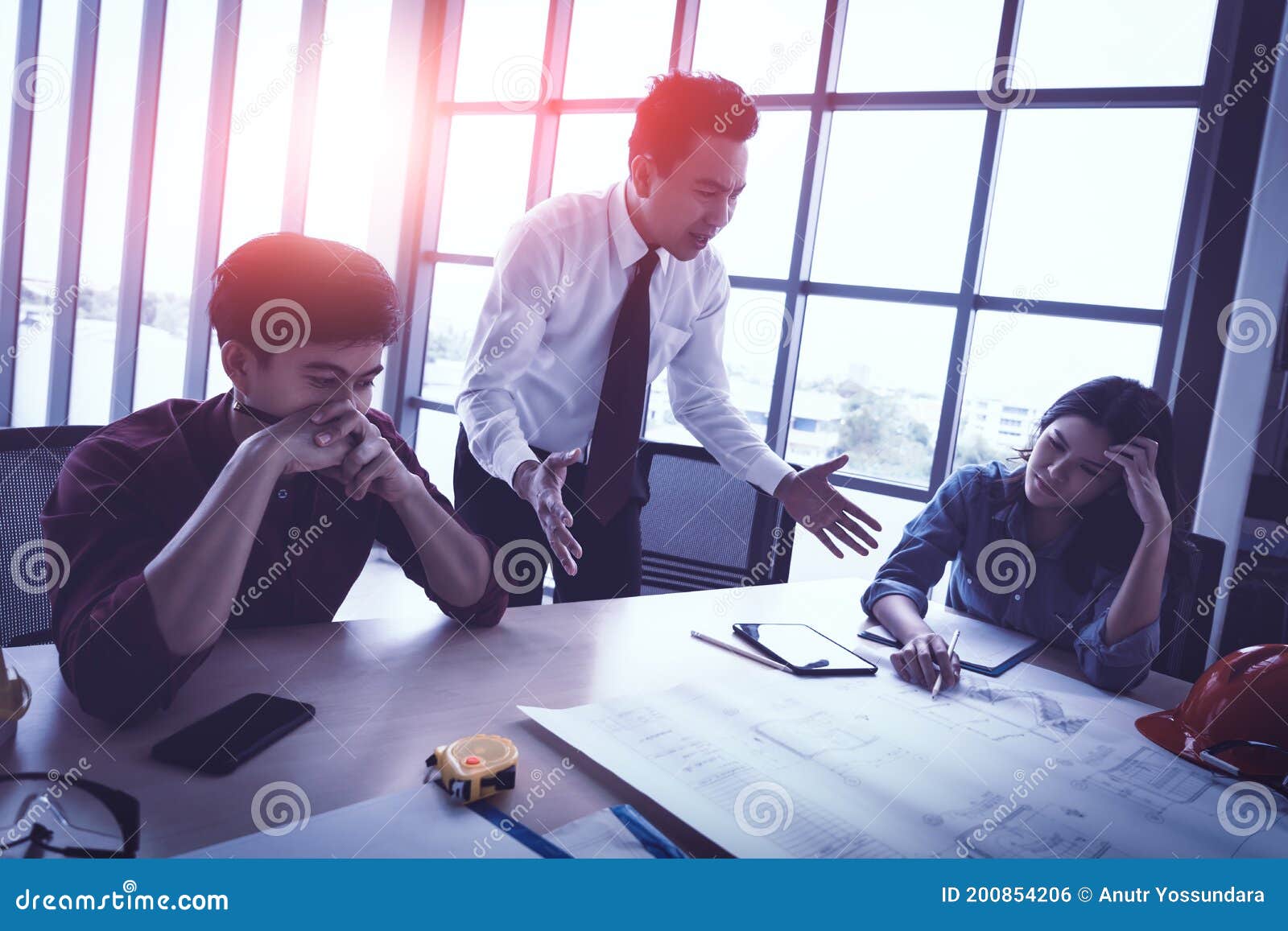 Angry Construction Boss Brainstorming with Engineer and Architect Team ...
