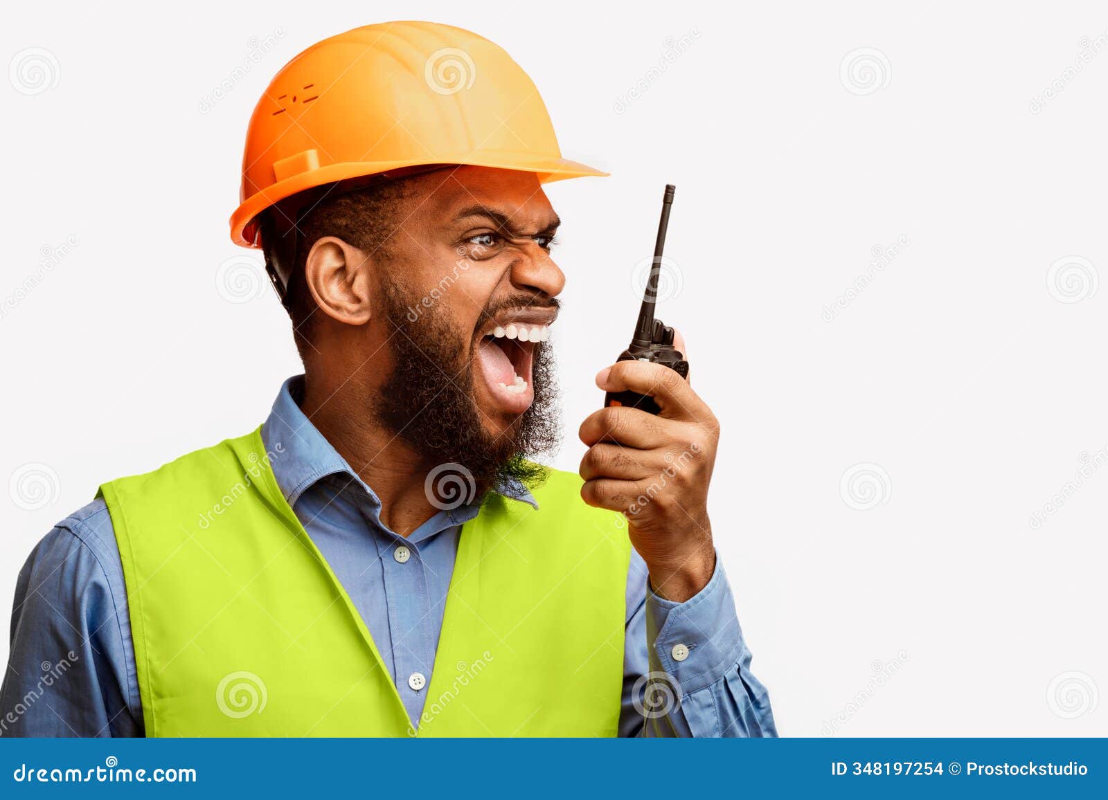 Angry Construction Foreman Worker Shouting in Two-Way Radio, Studio ...