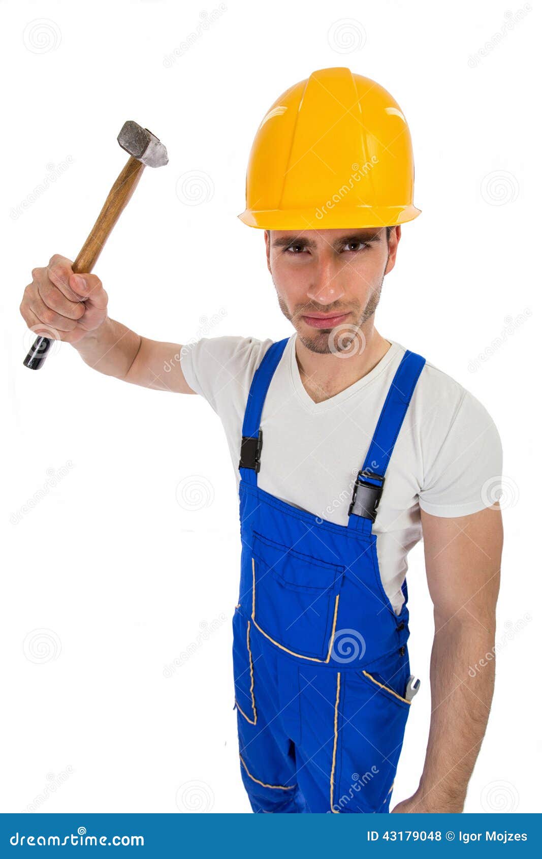Angry Construction Worker with a Hammer Stock Photo - Image of blue ...