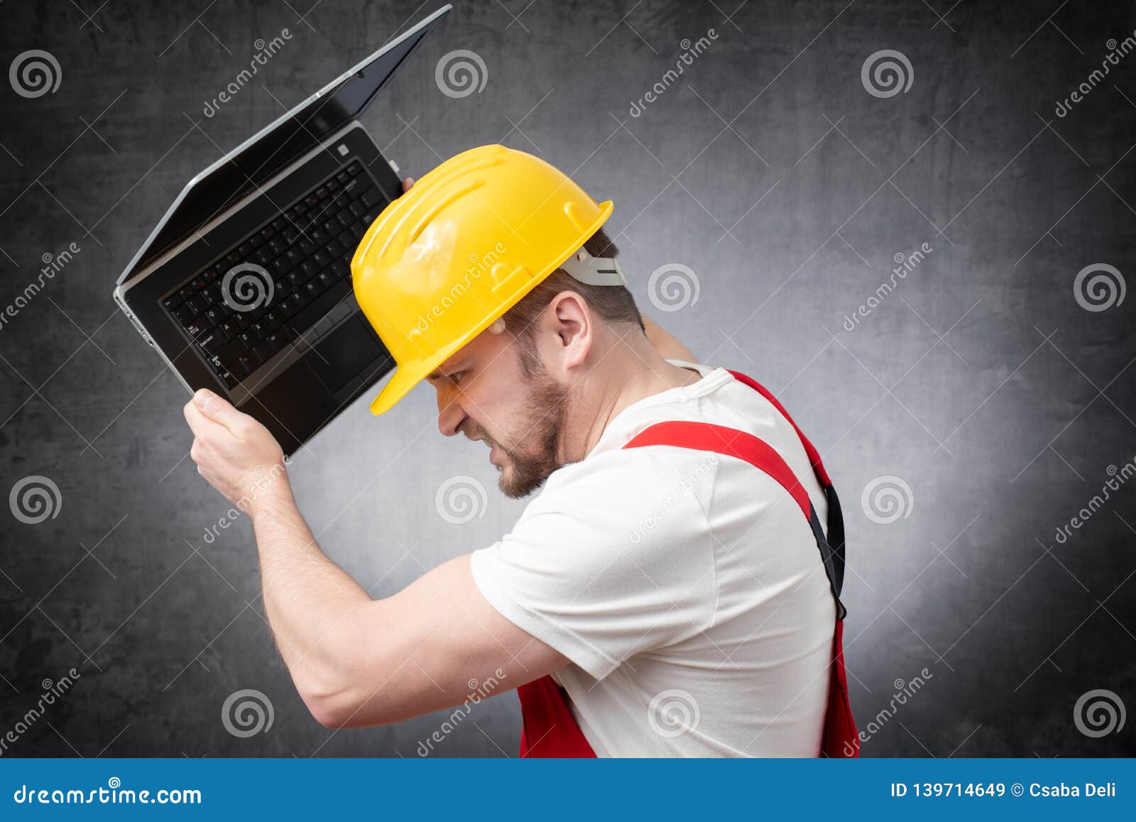 Construction Worker with Laptop Stock Image - Image of angry, craftsman ...