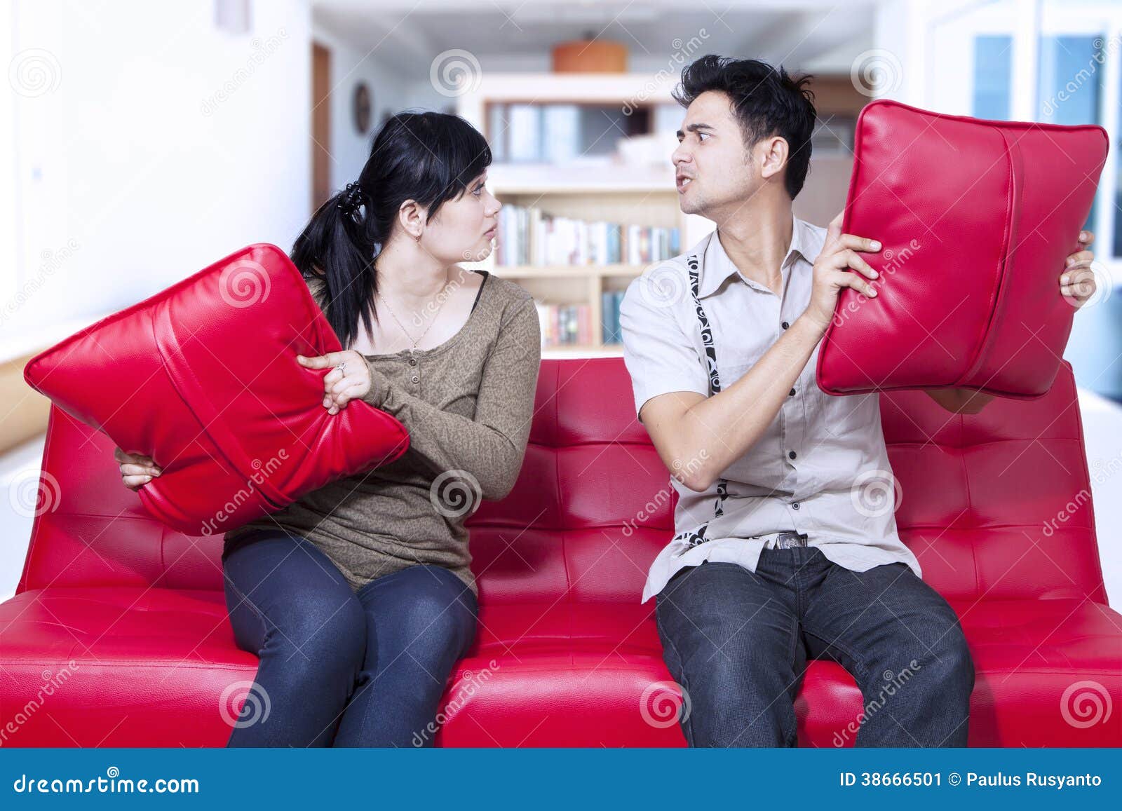 Angry Couple on Red Sofa at Home Stock Image - Image of japanese ...