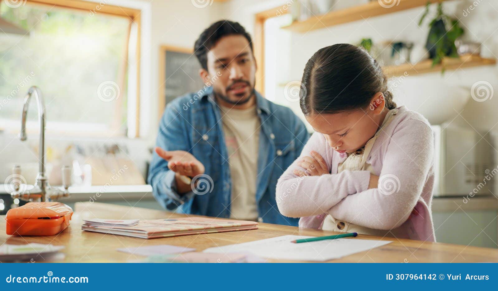 Angry Dad with Crying Child, Homework and Scolding in Kitchen, Helping ...