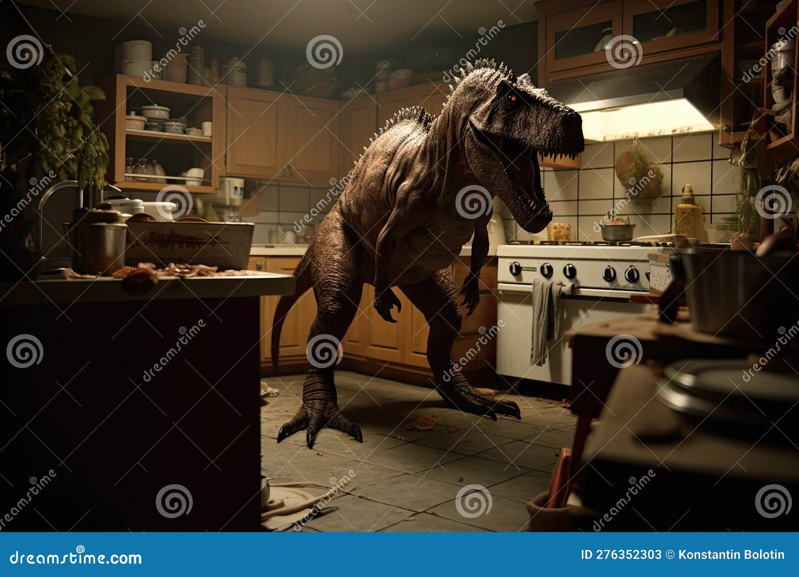 Angry Dinosaur in the Kitchen Stock Illustration - Illustration of ...