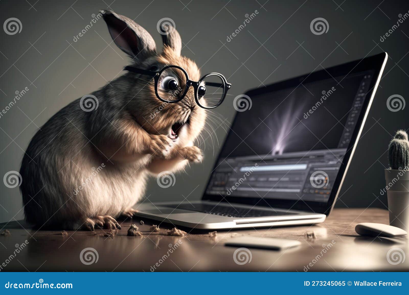Angry Easter Bunny Editing Video on Laptop. Generative AI. Stock ...
