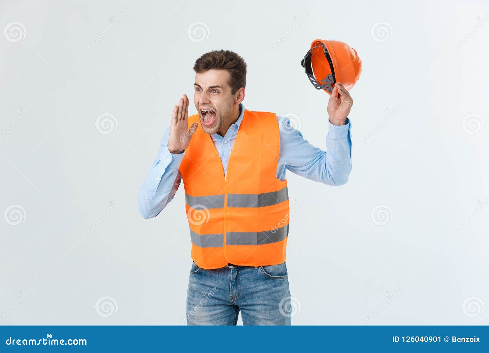 Angry Engineer with Angry Face Emotion Shouting at Someone Raising His ...