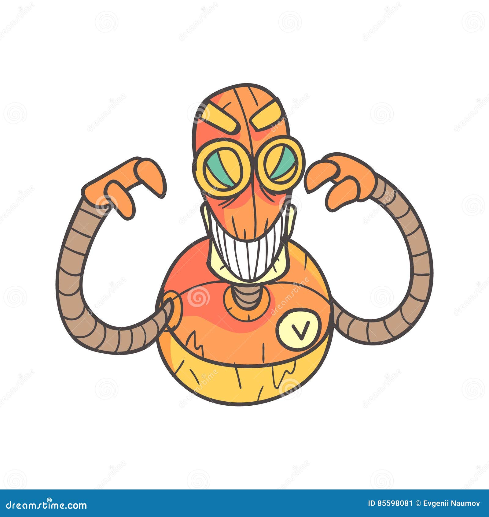 Angry Evil Orange Robot Cartoon Outlined Illustration with Cute Android ...