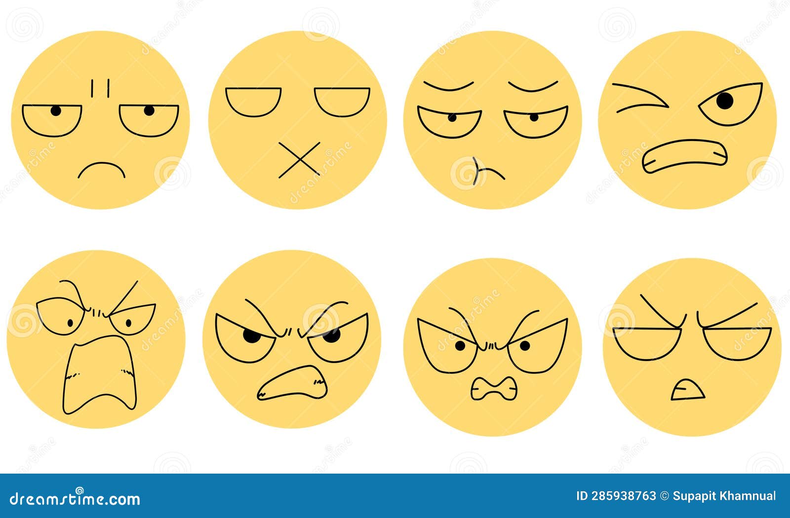 Set of 8 Angry Facial Expression Icon on a White Background Stock ...