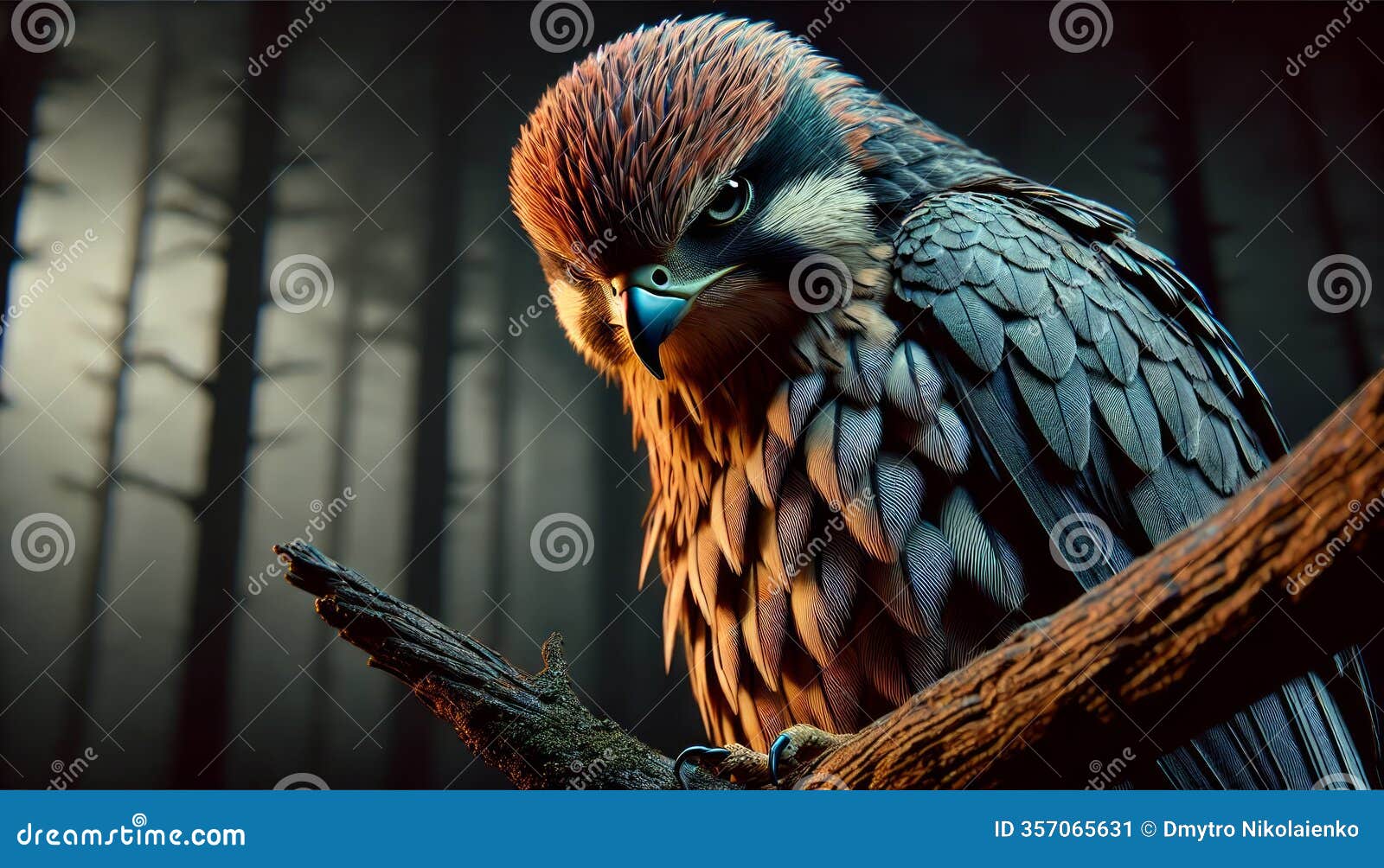 Angry Falcon Perched on a Tree Branch, Looking Down with Dramatic ...