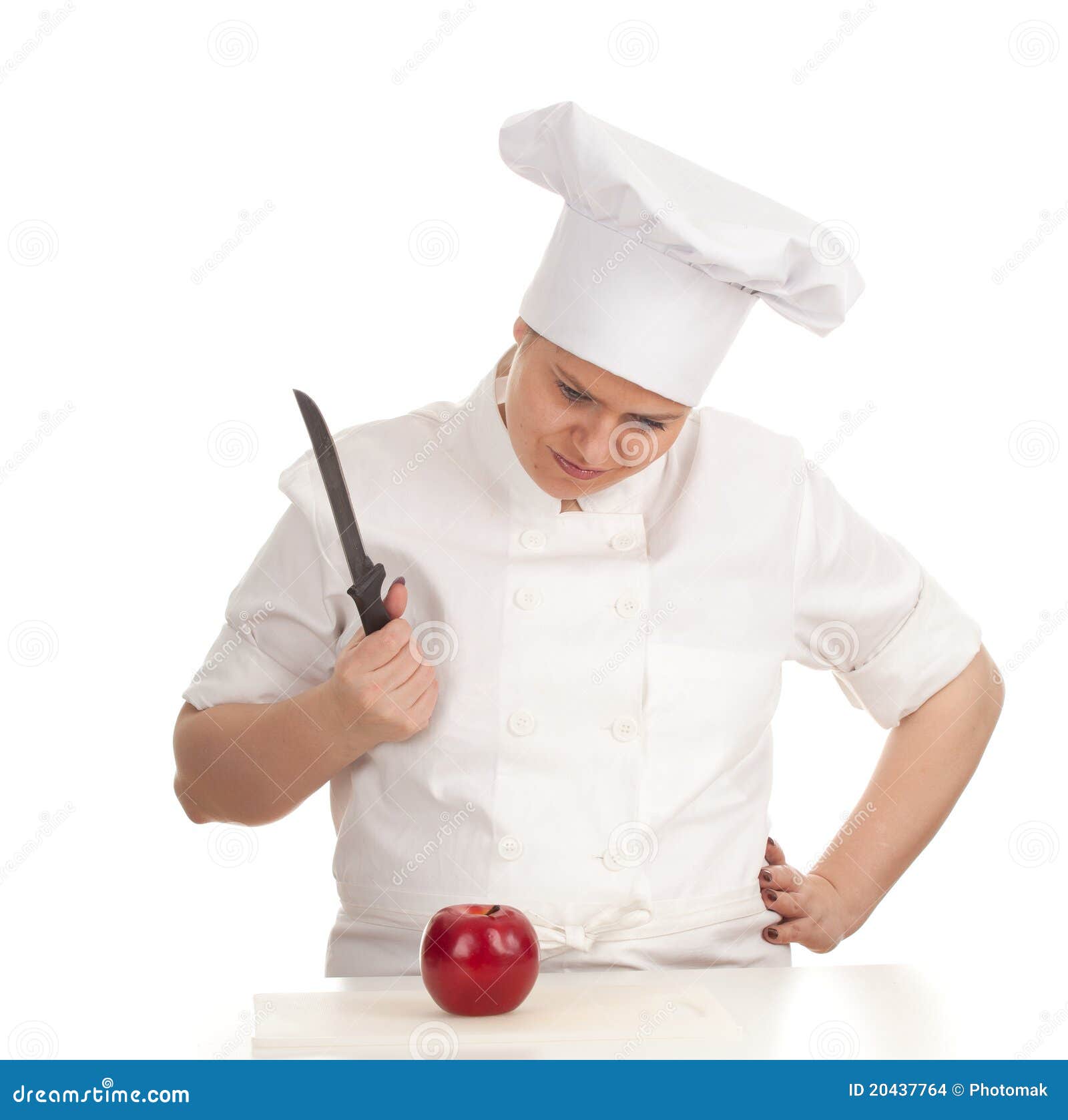 Angry Fat Female Cook with Red Apple and Knife Stock Photo - Image of ...