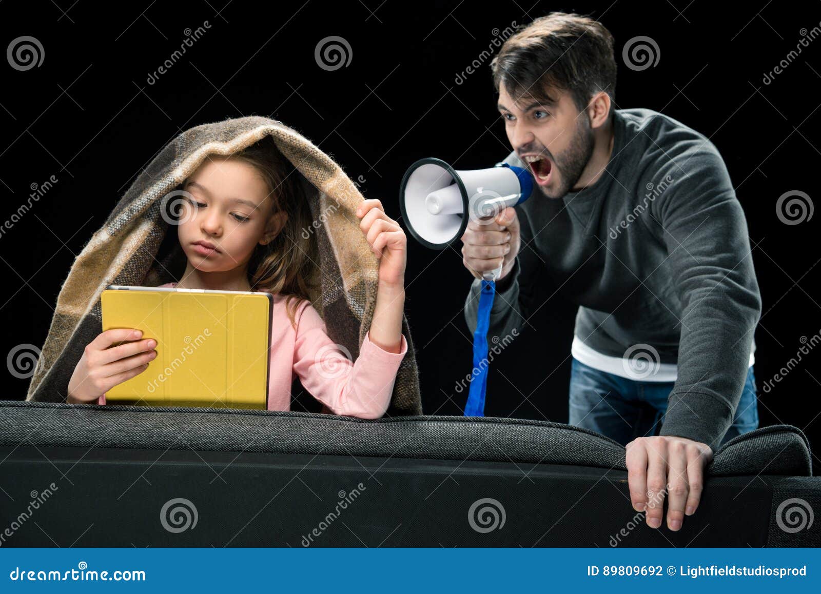 Angry Father with Megaphone Screaming at Upset Daughter Using Digital ...