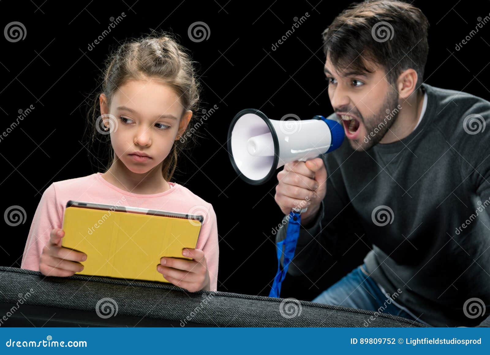 Angry Father with Megaphone Screaming at Upset Daughter Using Digital ...