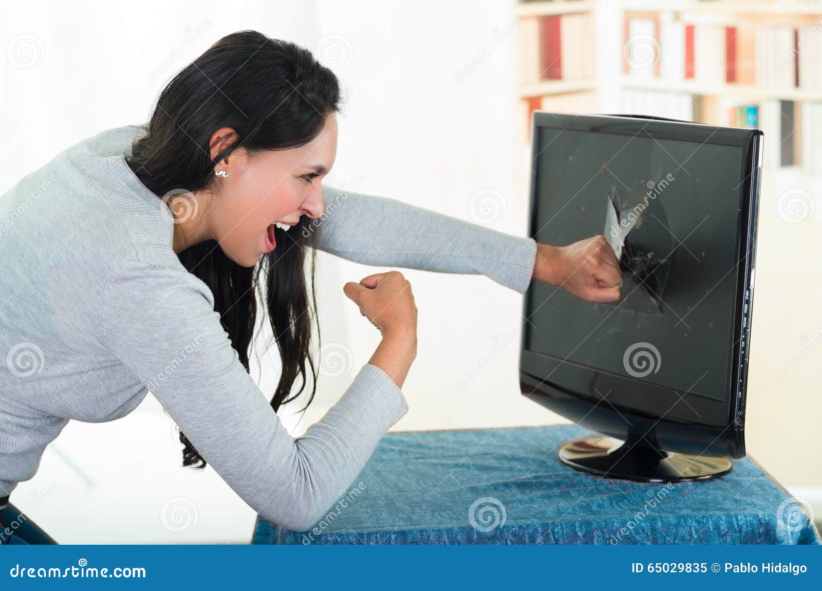 Angry Female Brunette Punching Computer Screen Stock Image - Image of ...