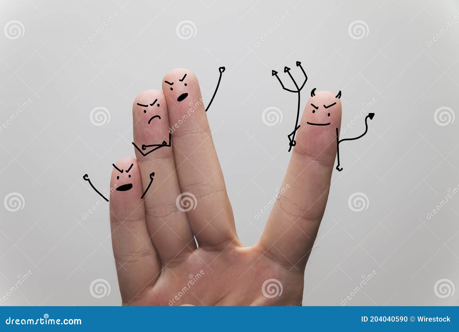 Angry Finger Group Fighting, Deceived by the Devil Finger Stock Photo ...