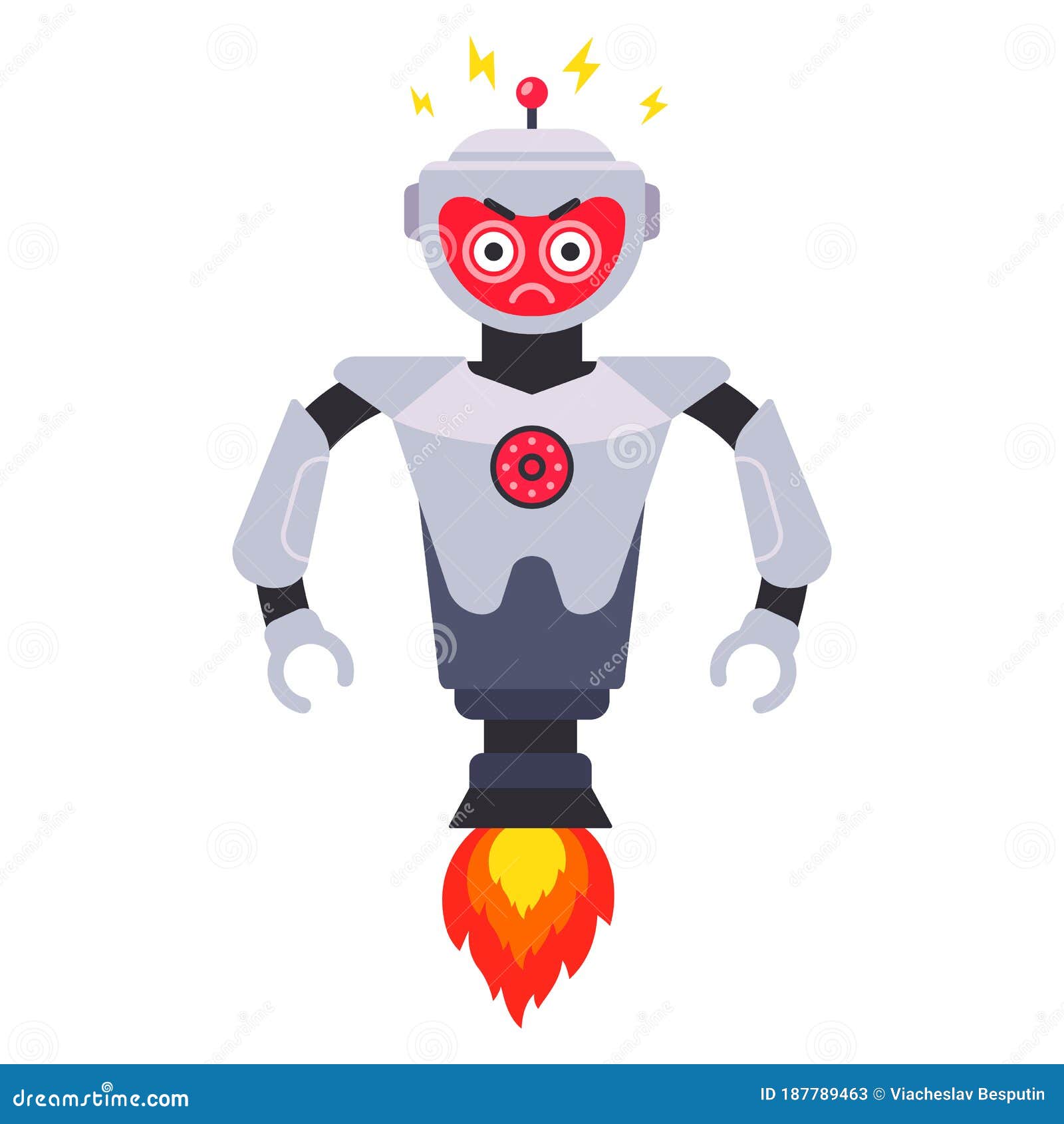 Angry Flying Robot on a White Background. Reprogramming a Cyborg Stock ...