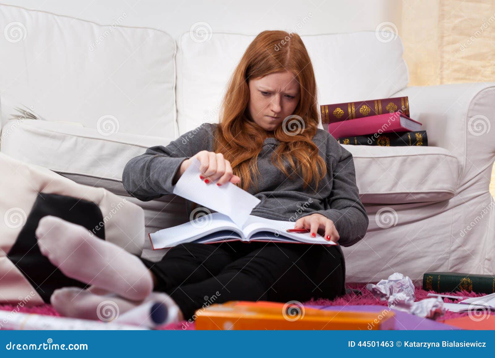 Angry girl has to learn stock image. Image of books, information - 44501463