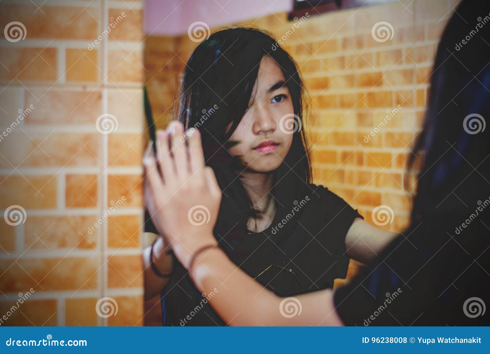Angry Girl Looking on Mirror Stock Photo - Image of horror, model: 96238008