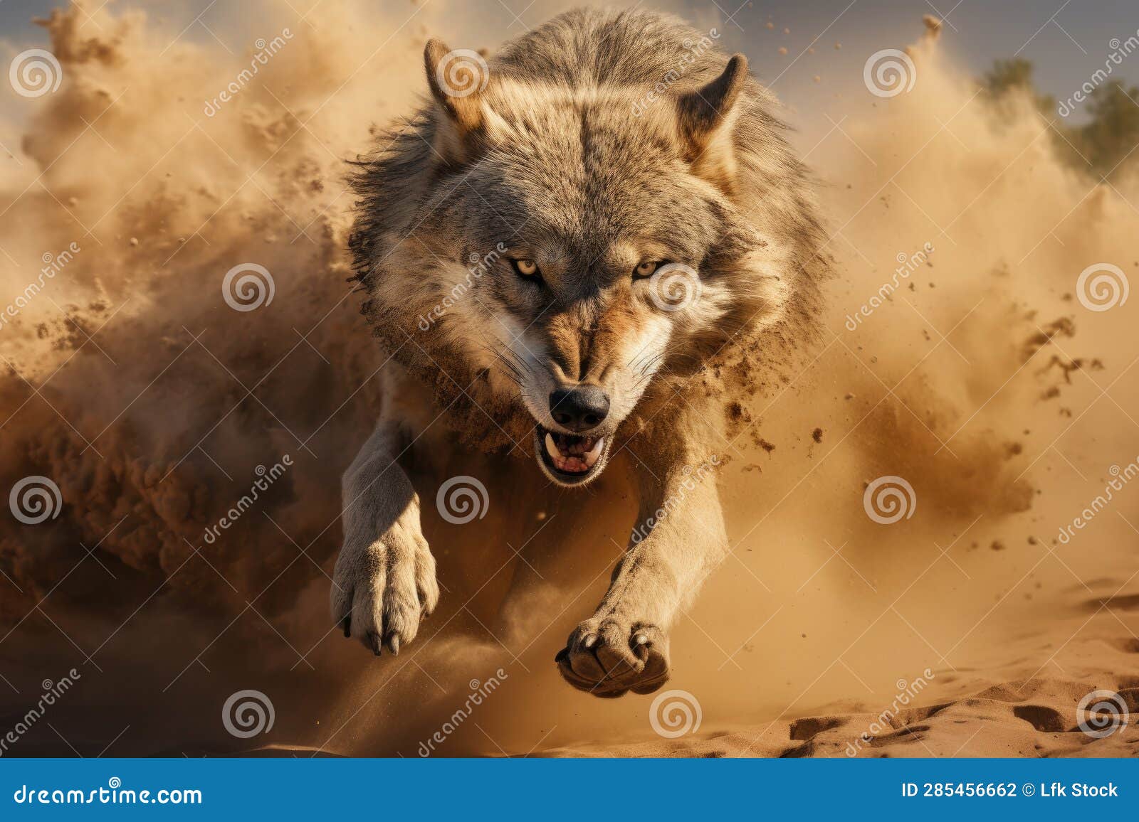 Angry Gray Wolf Running Towards Camera among Dust in Desert Stock ...