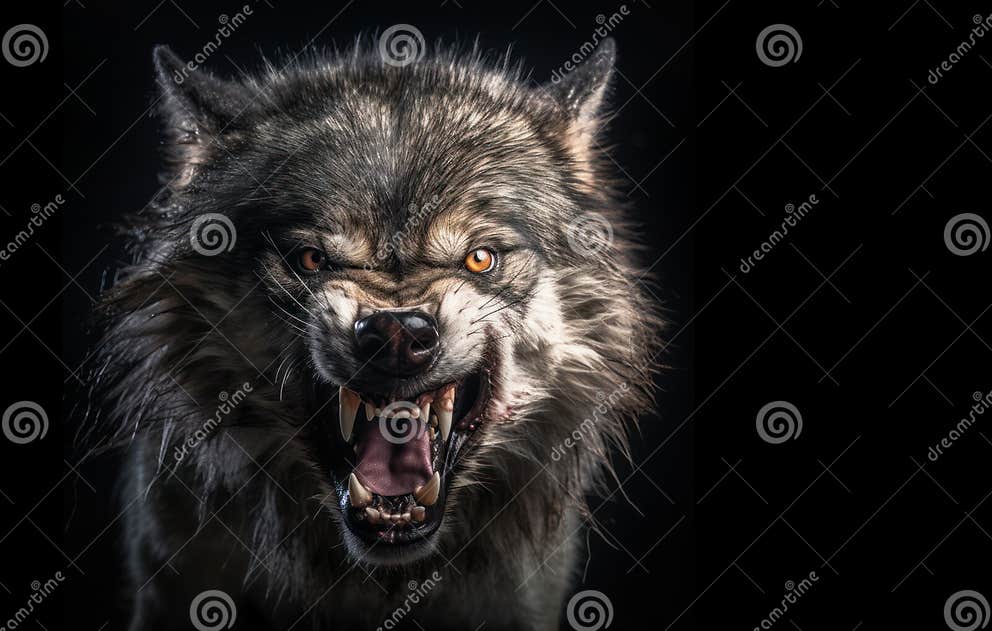 Angry Grey Wolf Portrait on Black with Copy-space Stock Photo - Image ...