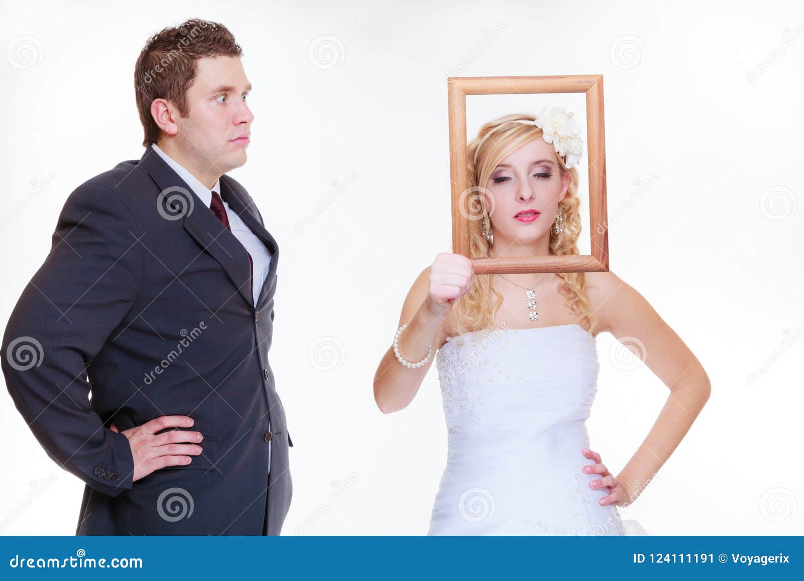 Angry Groom and Bride Holding Empty Frame Stock Image - Image of ...