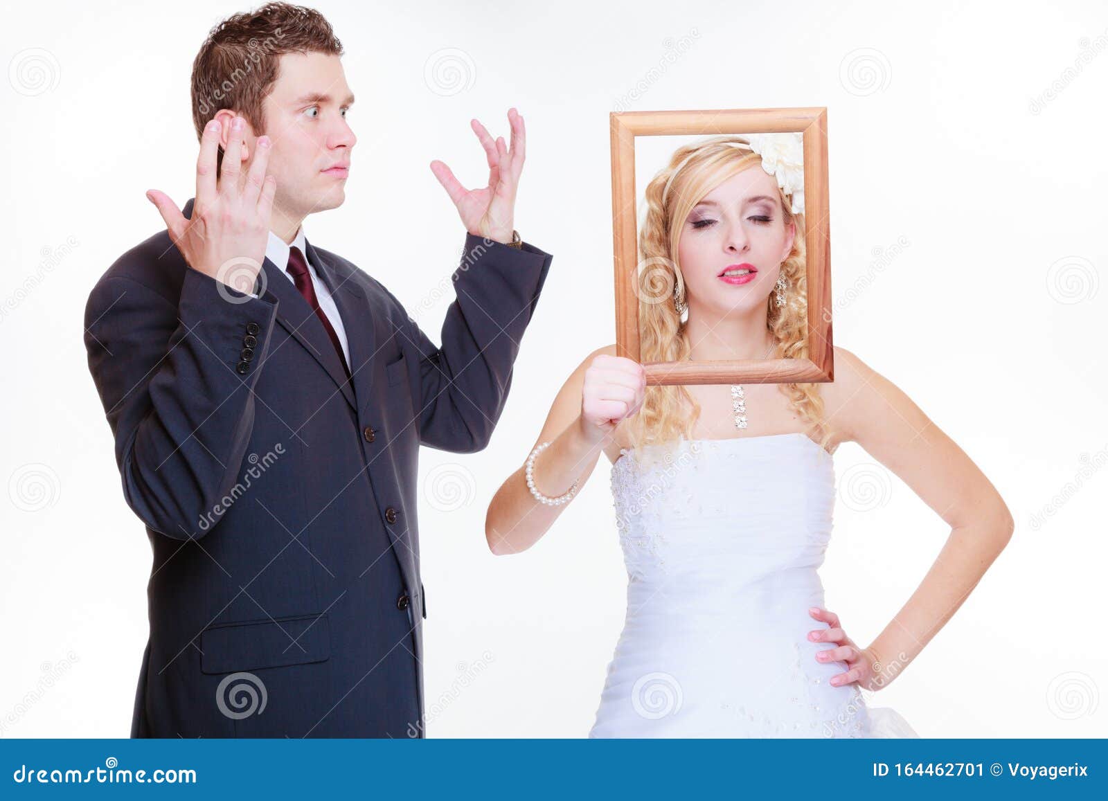 Angry Groom and Bride Holding Empty Frame Stock Image - Image of adult ...