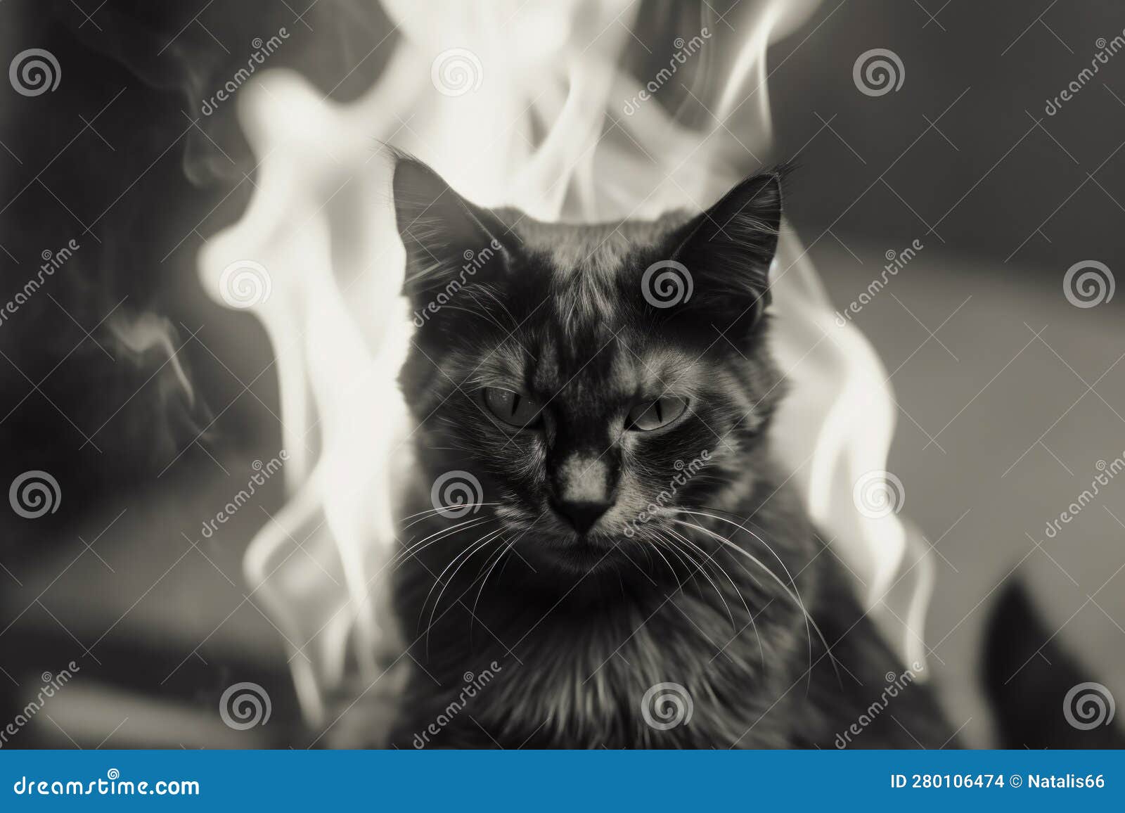 Angry Halloween Black Cat on Fire Backdrop. Monochrome Black and White ...