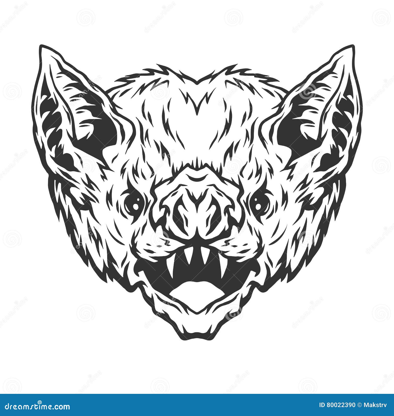 Head Of Vampire Bat Or White-Winged Vampire Bat Front View Black And ...