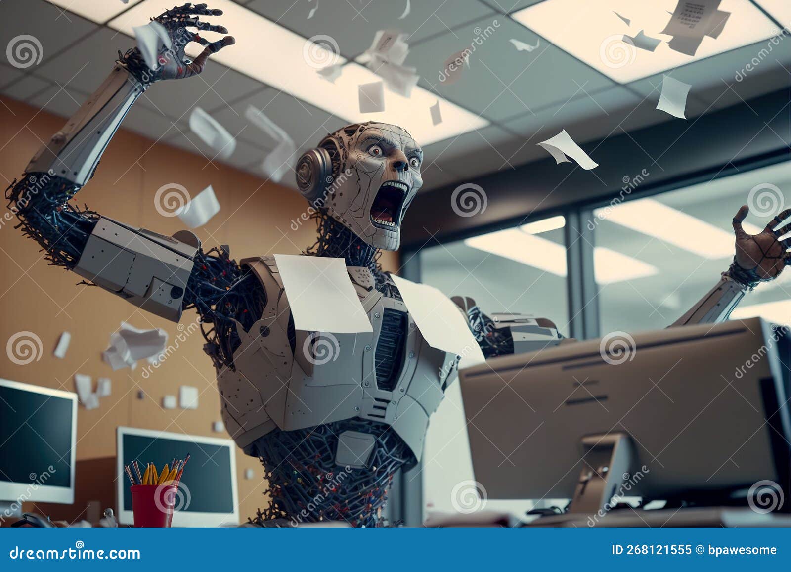 Angry Humanoid Robot in Rage: Throwing Papers and Screaming in the ...
