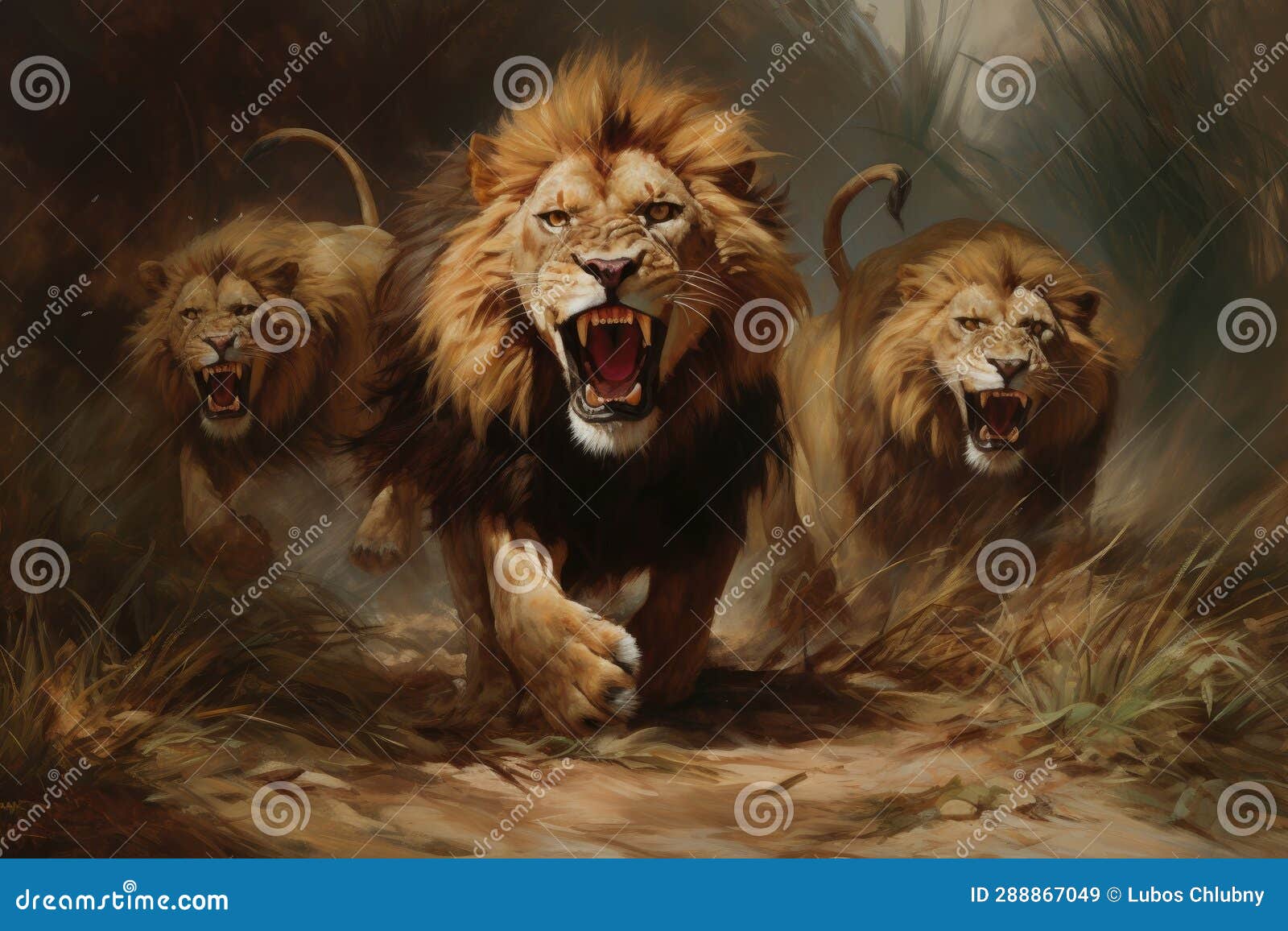 Angry Hunting Lions Go Hunting Stock Illustration - Illustration of ...