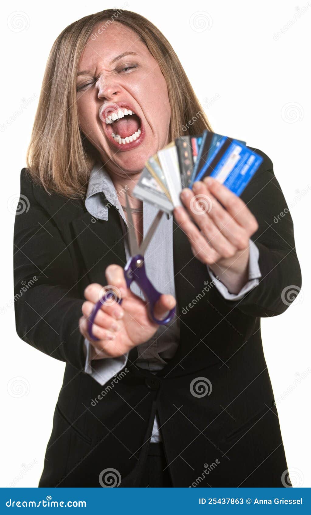Angry Lady Cuts Credit Cards Stock Image - Image of debt, angry: 25437863