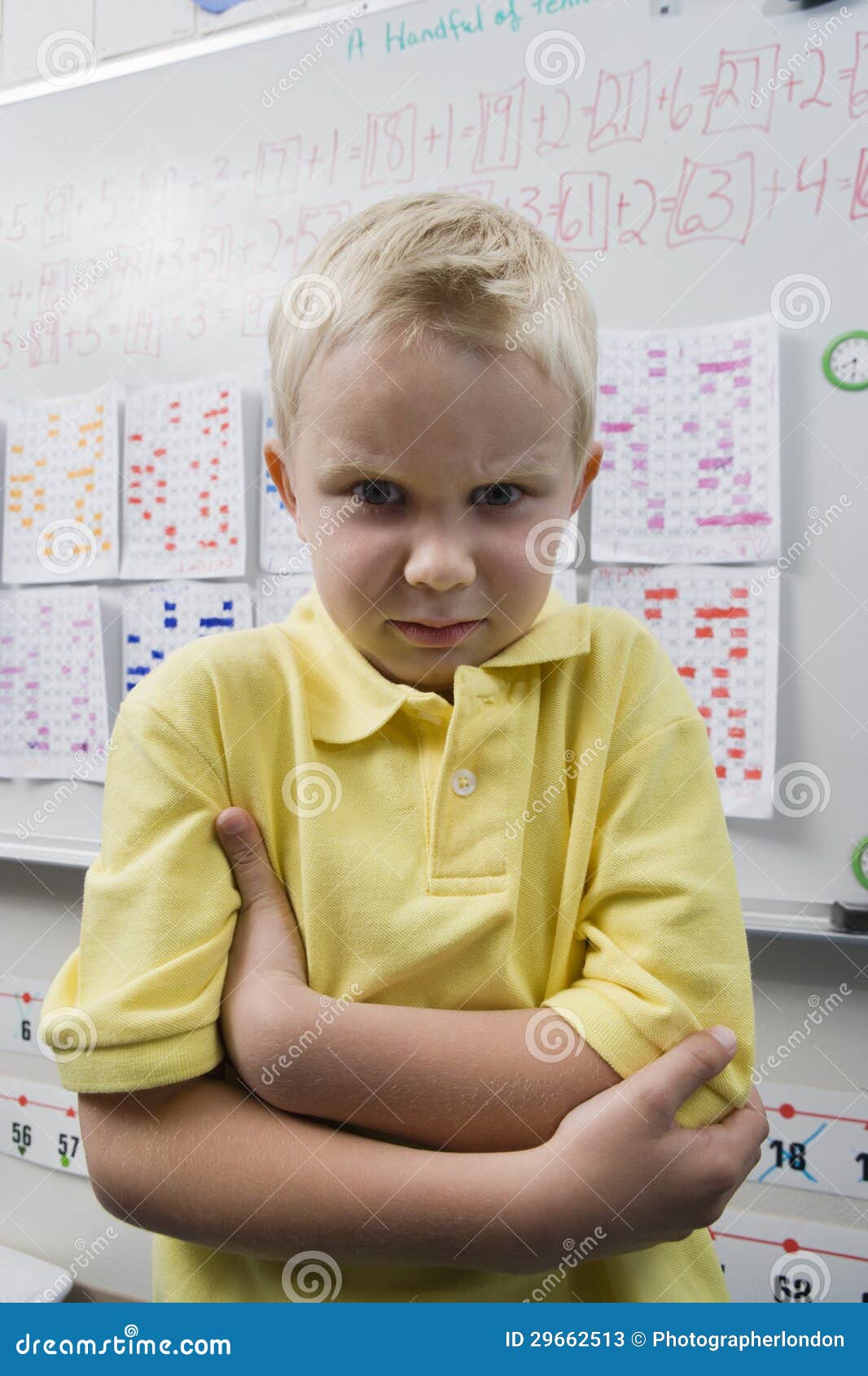 Angry Little Boy in Classroom Stock Image - Image of blonde, fright ...