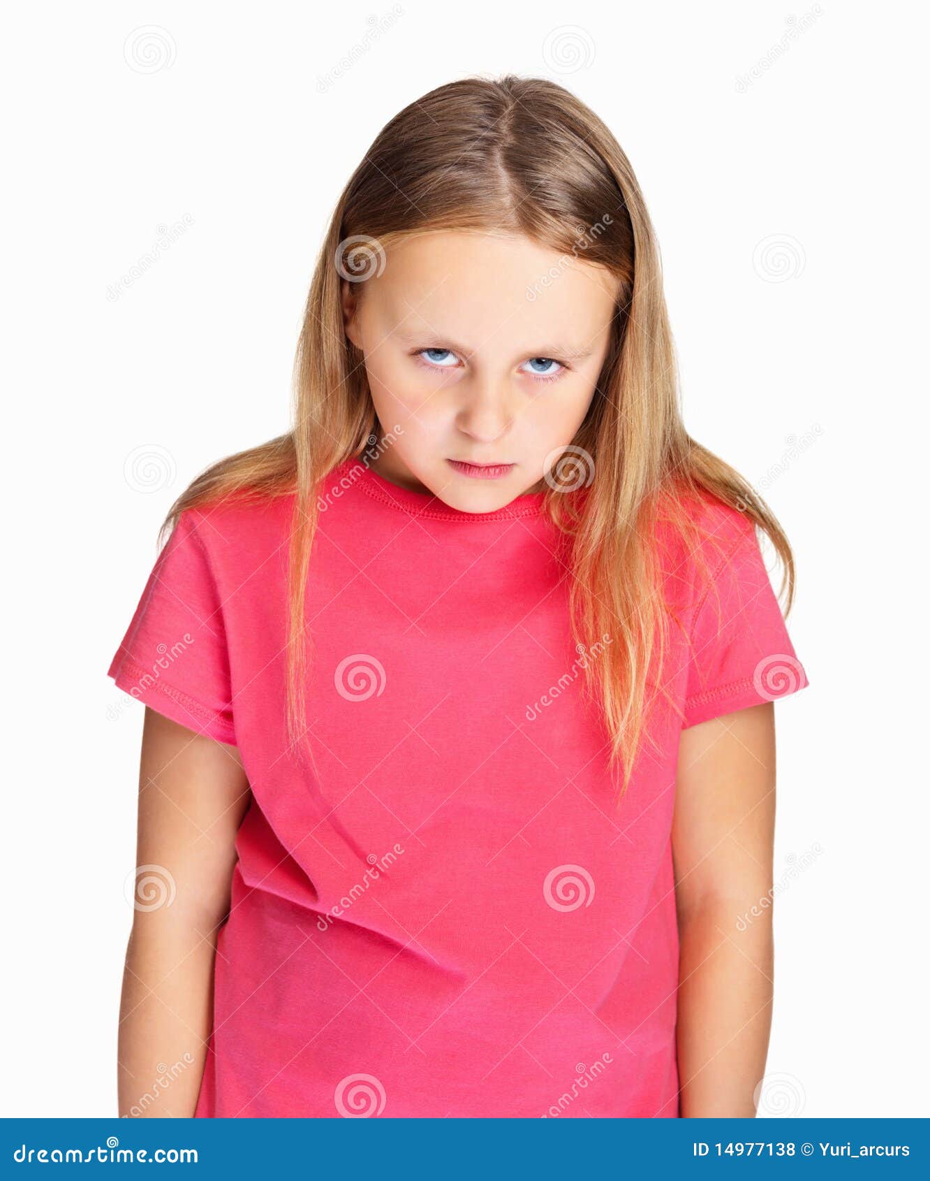 Angry Little Girl Standing Isolated on White Stock Photo - Image of ...