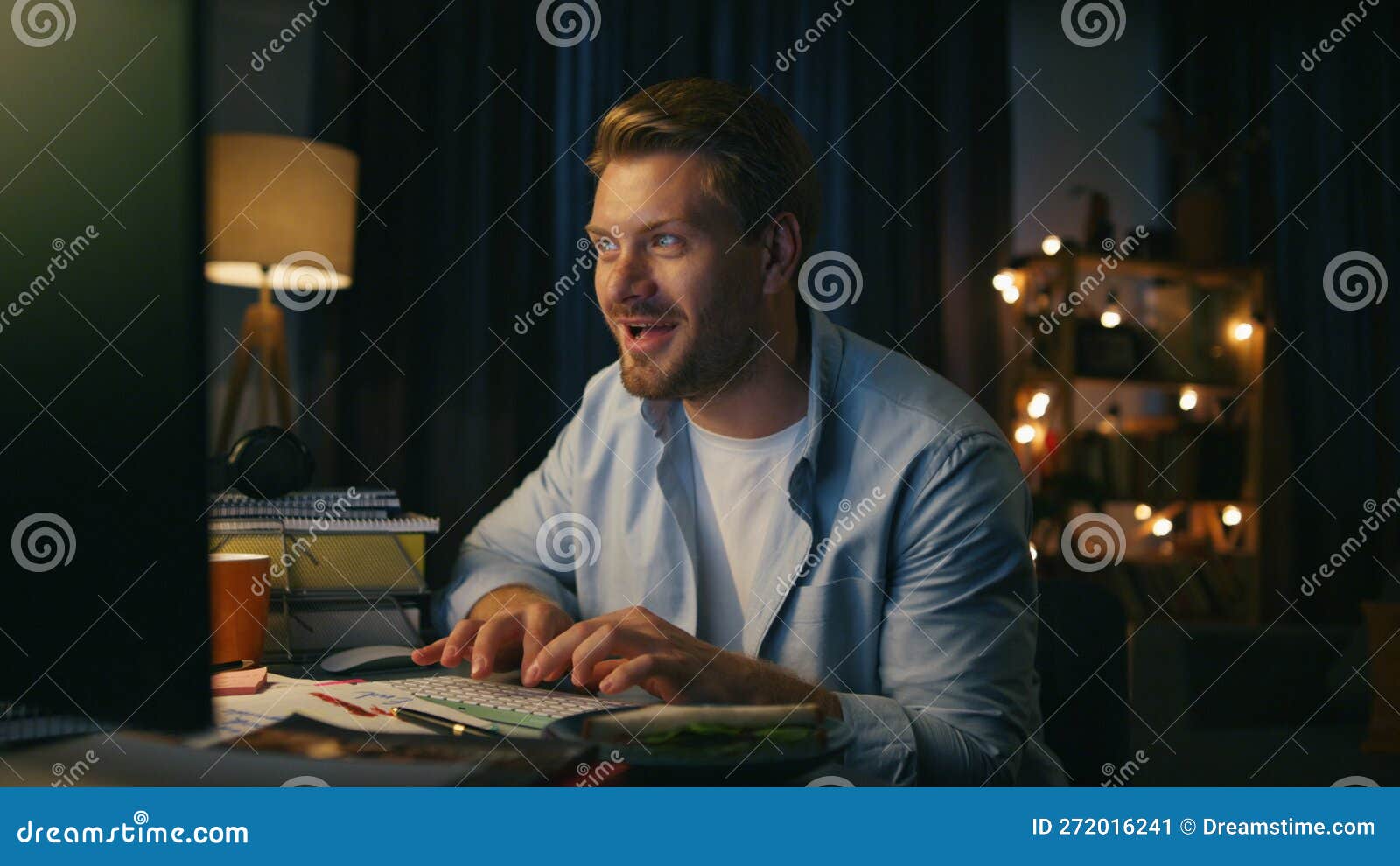 Angry Man Arguing Computer Evening Home Closeup. Guy Screaming Watching ...