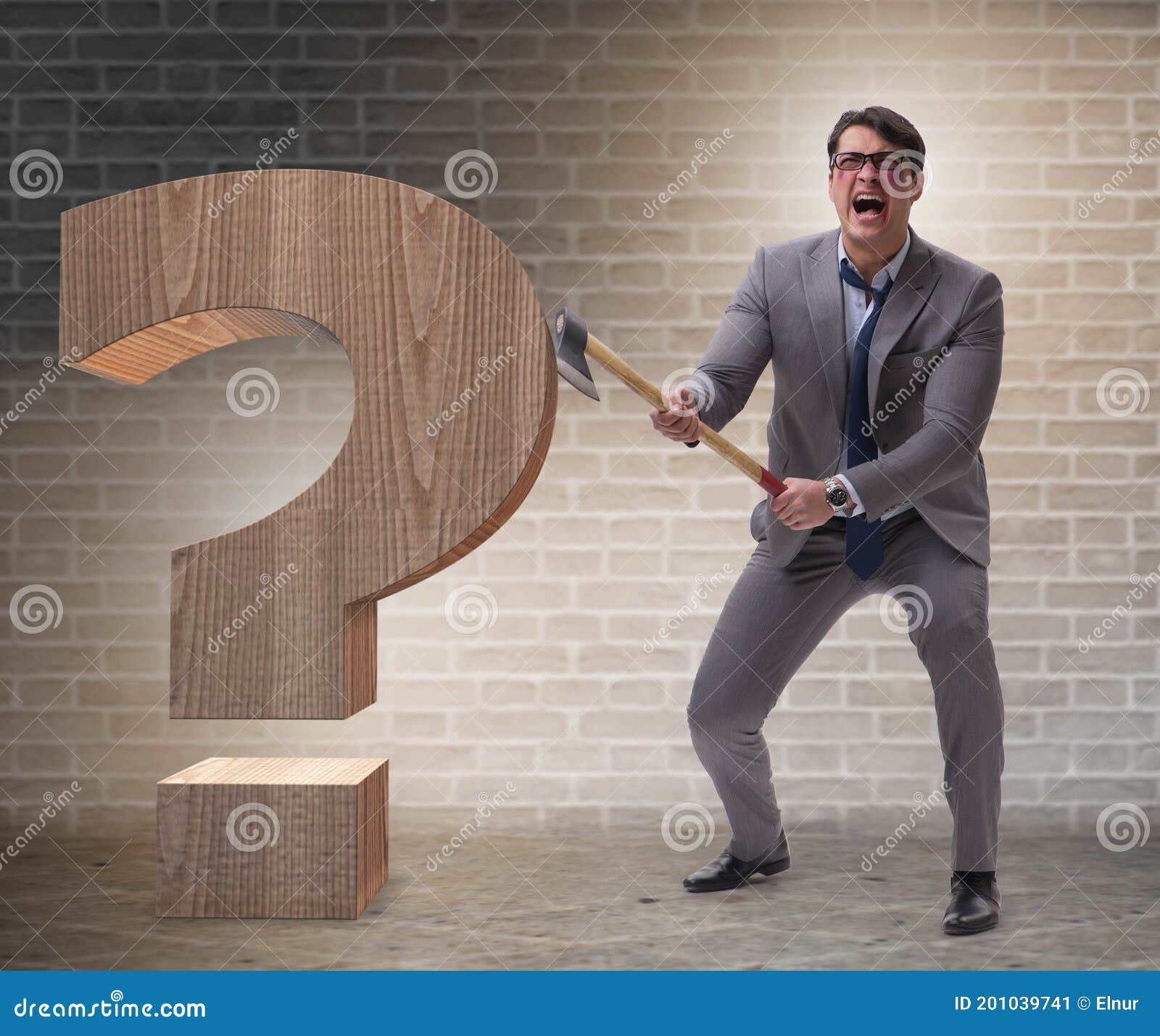 Angry Man with Axe Axing the Question Mark Stock Image - Image of ...