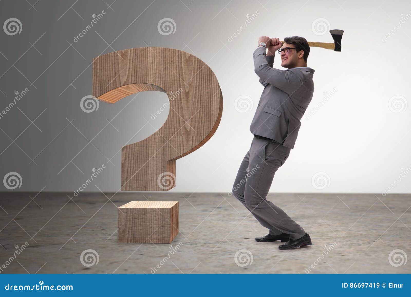 The Angry Man with Axe Axing the Question Mark Stock Image - Image of ...
