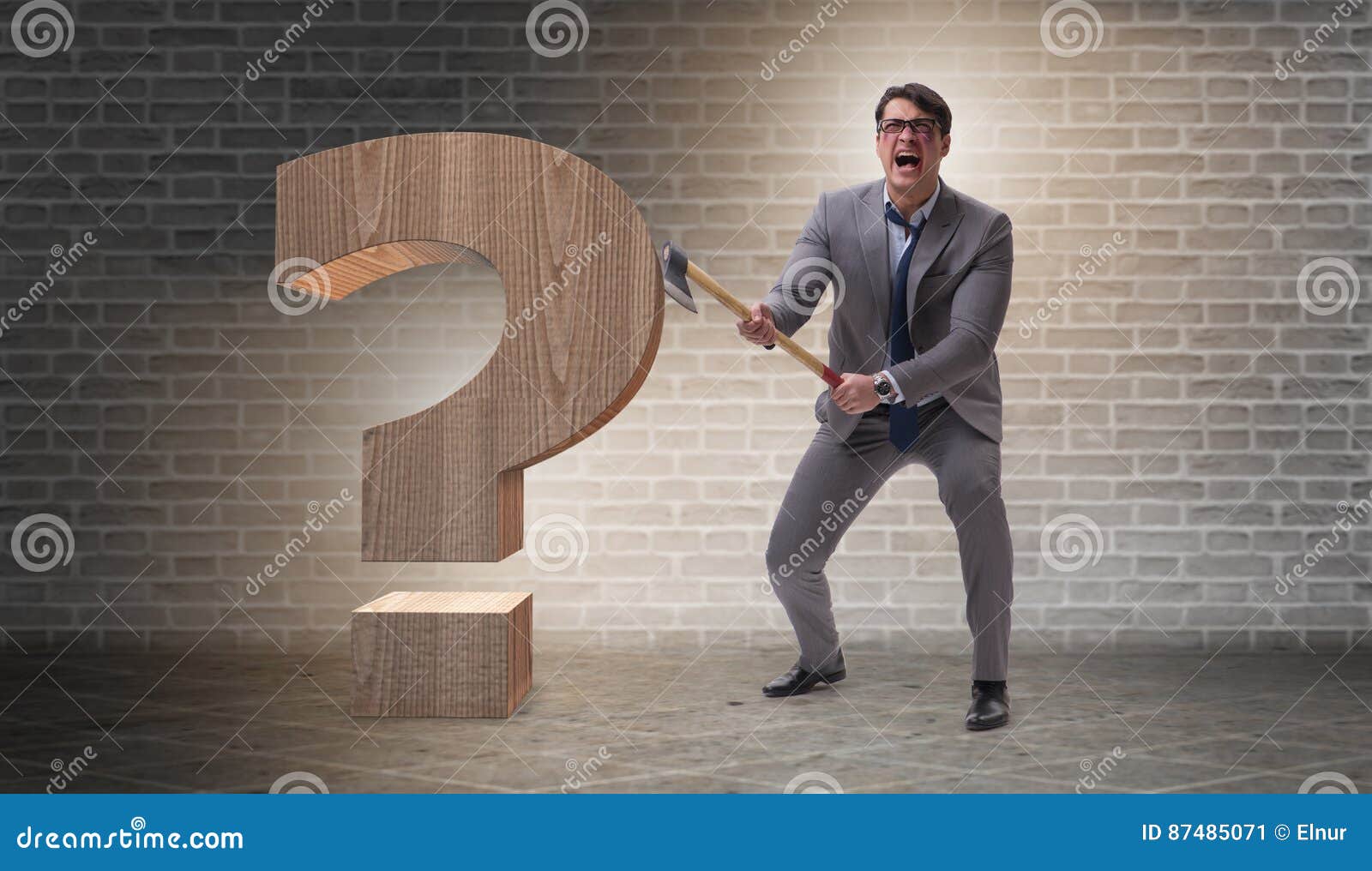 The Angry Man with Axe Axing the Question Mark Stock Image - Image of ...