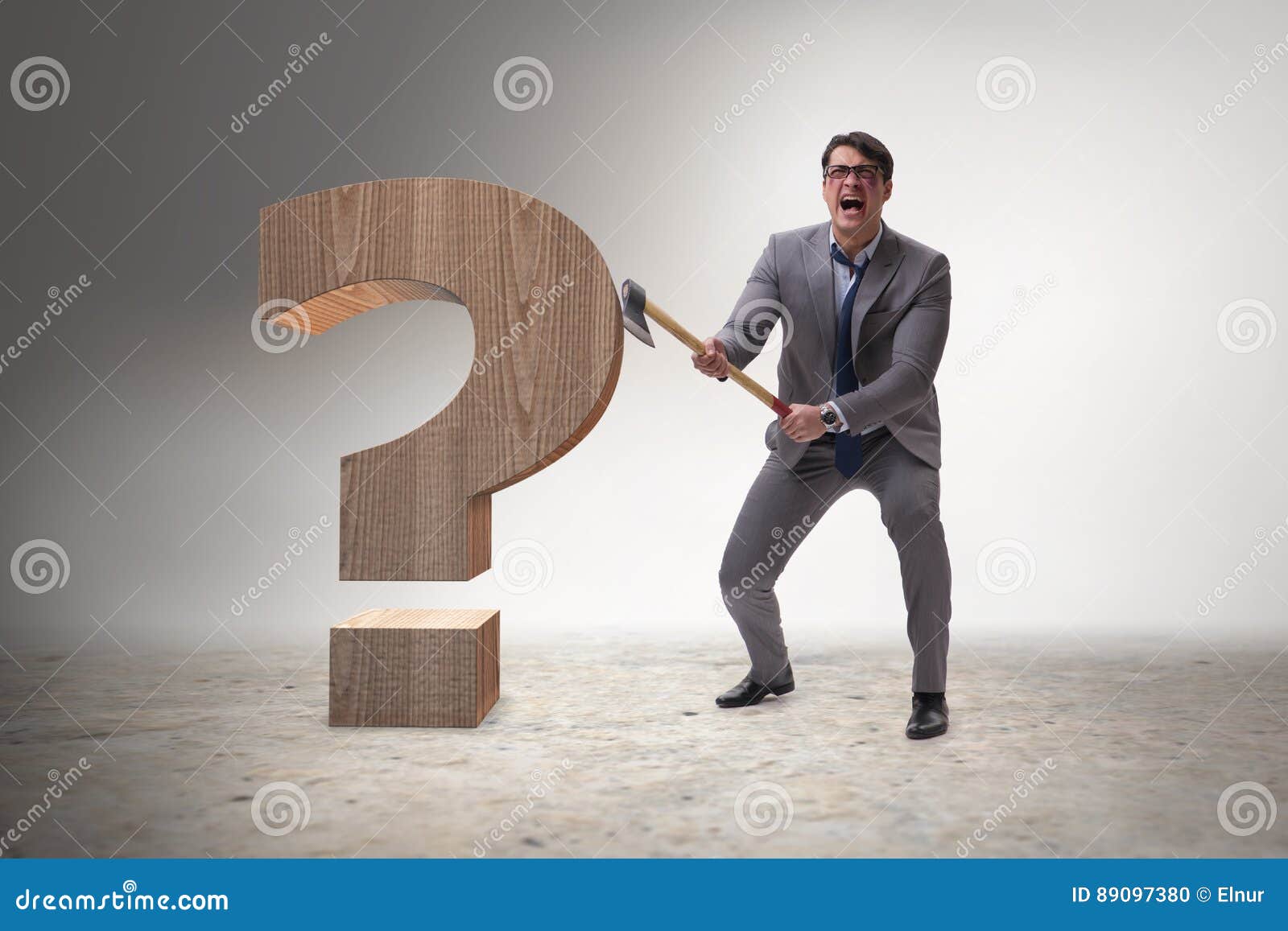 The Angry Man with Axe Axing the Question Mark Stock Photo - Image of ...