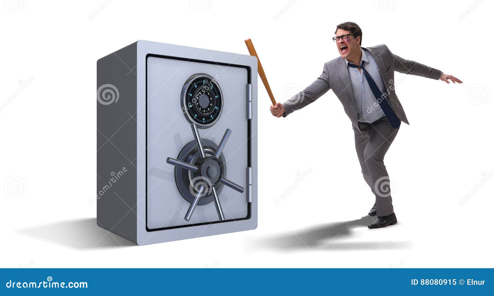 The Angry Man with Baseball Bat Hitting Money Safe Stock Image - Image ...