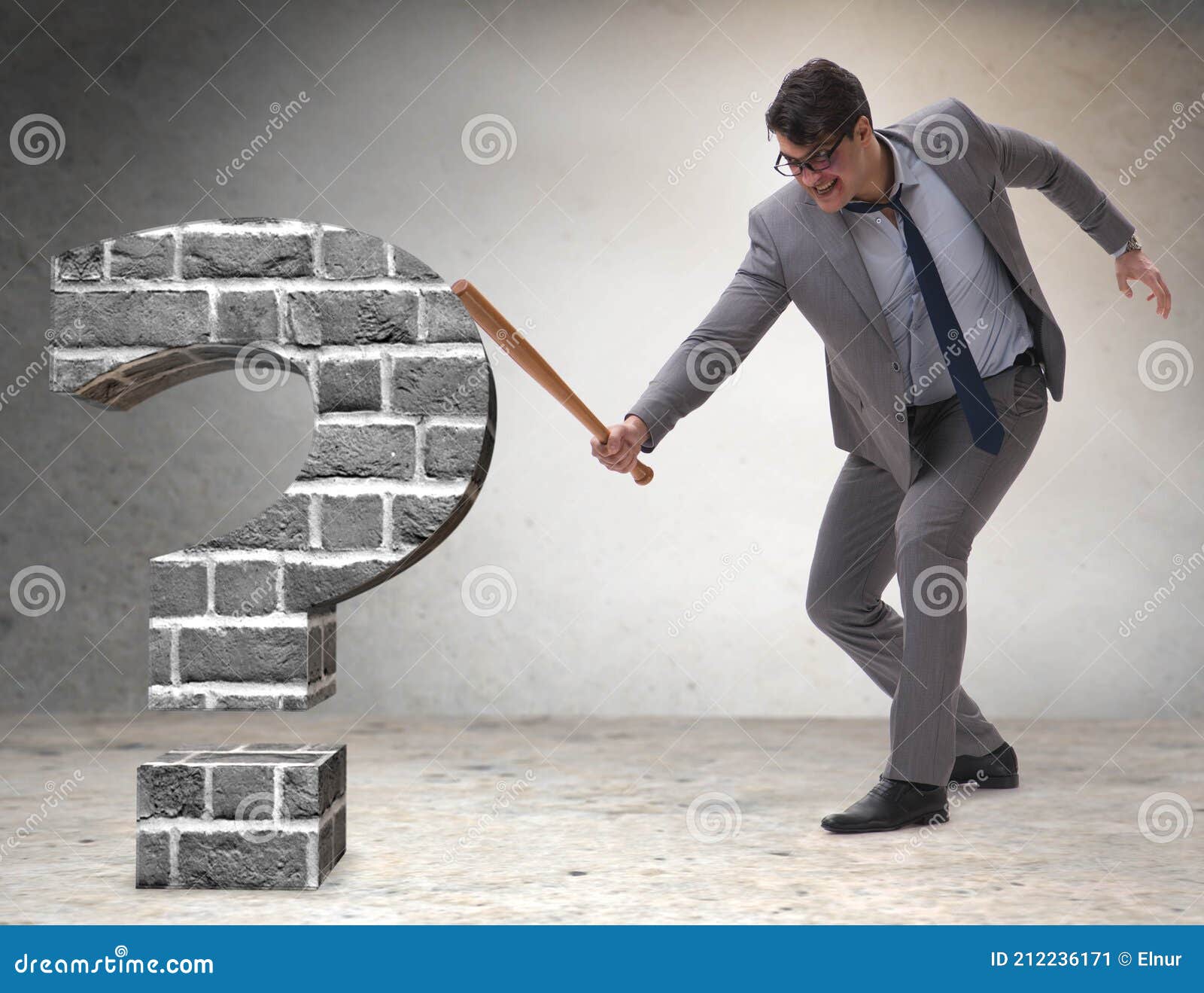 Angry Man with Baseball Bat Hitting Question Mark Stock Image - Image ...