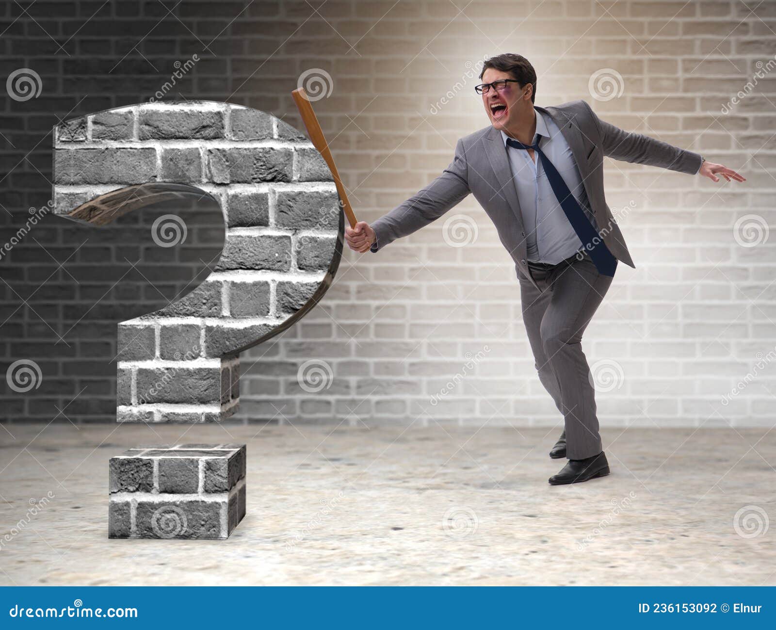 Angry Man with Baseball Bat Hitting Question Mark Stock Photo - Image ...