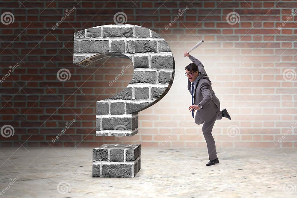 The Angry Man with Baseball Bat Hitting Question Mark Stock Image ...