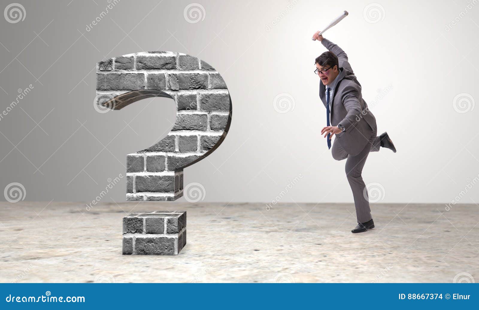 The Angry Man with Baseball Bat Hitting Question Mark Stock Photo ...