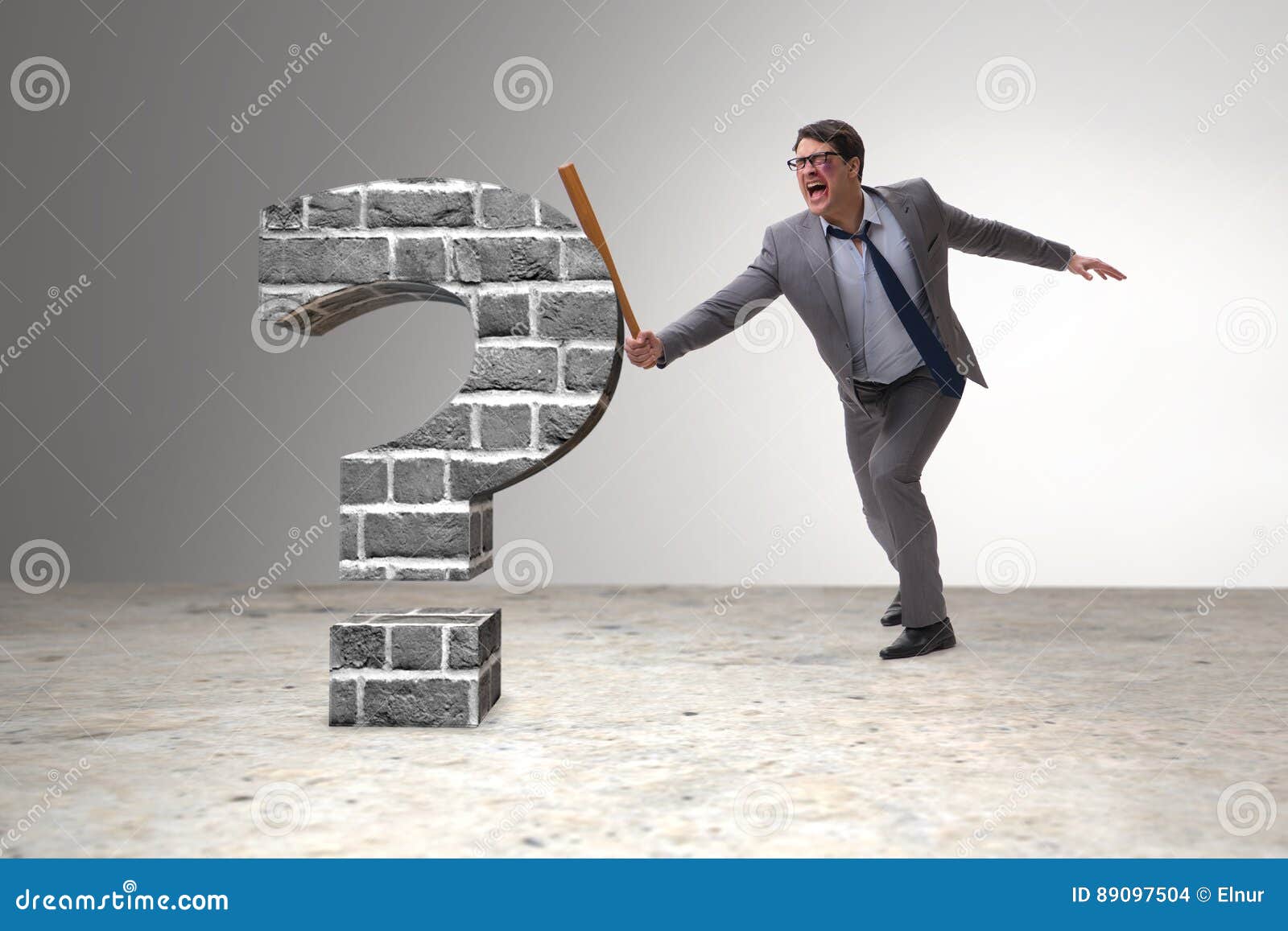 The Angry Man with Baseball Bat Hitting Question Mark Stock Photo ...