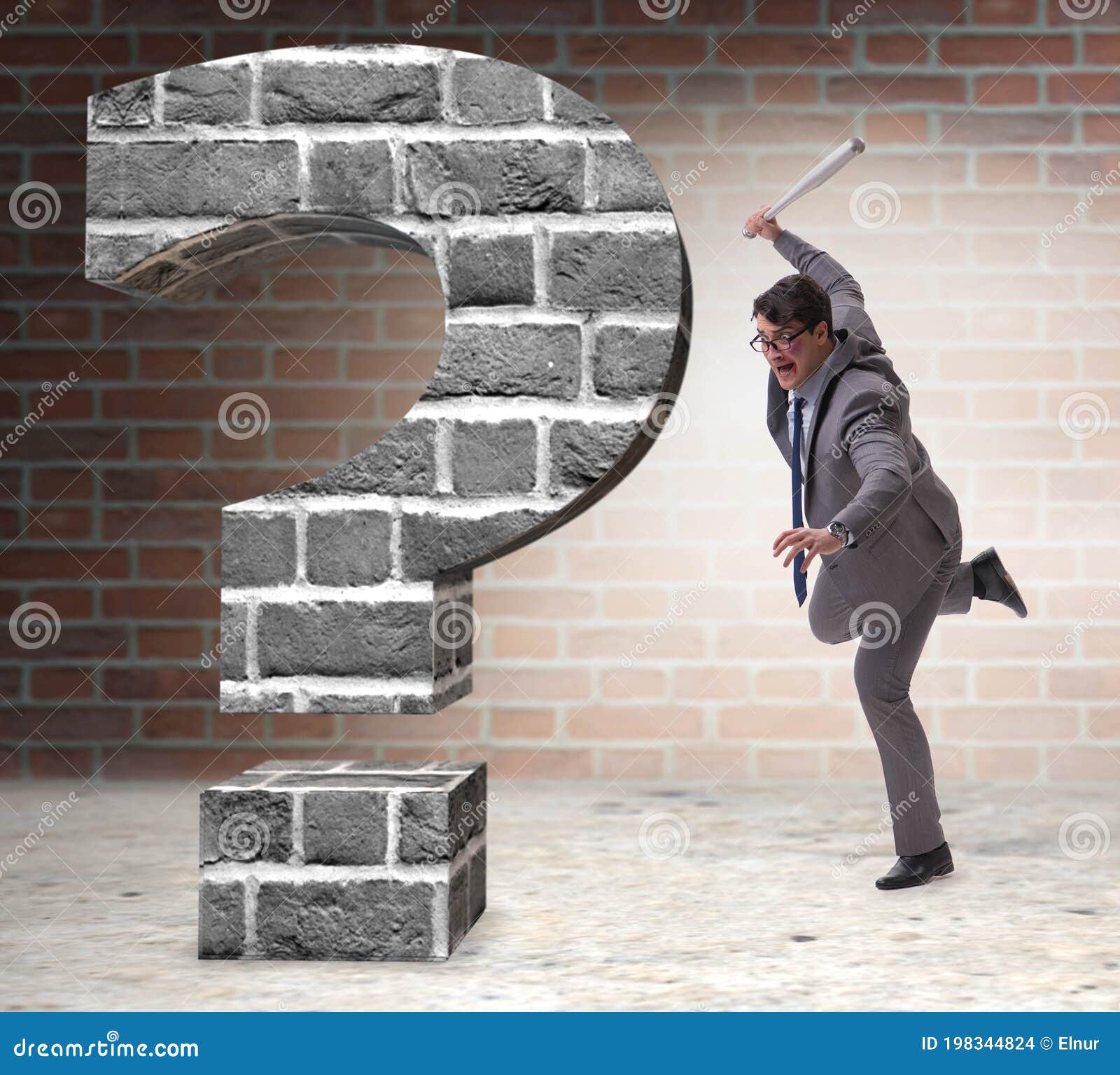 Angry Man with Baseball Bat Hitting Question Mark Stock Photo - Image ...