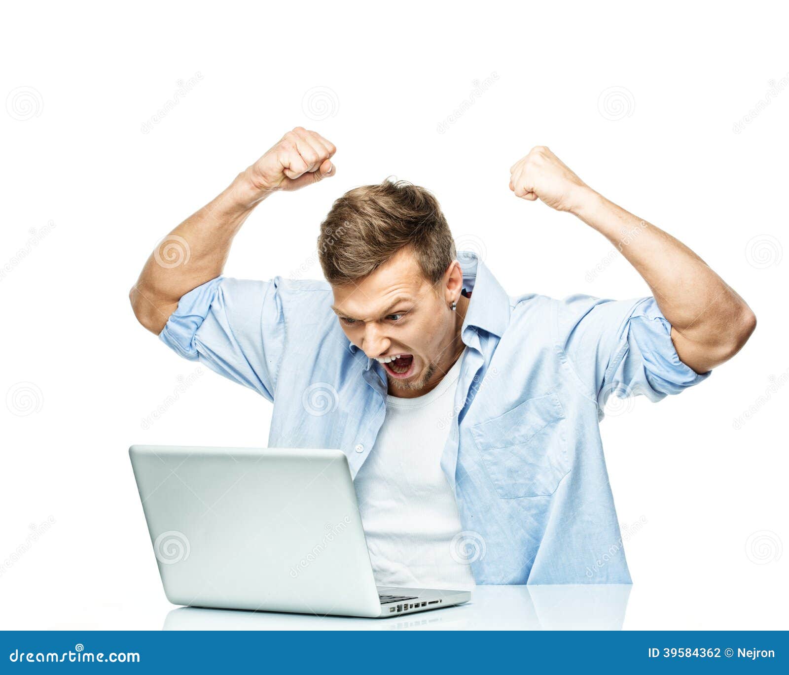 Angry man behind laptop stock photo. Image of shirt, chat - 39584362