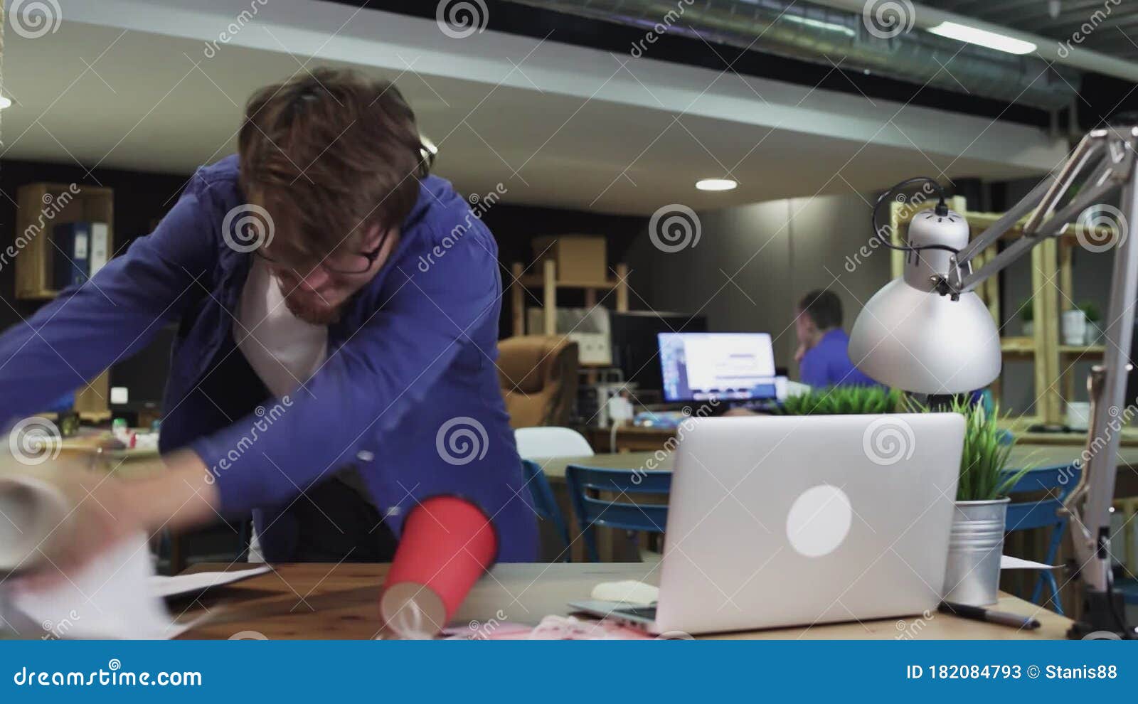 Angry Man Comes Up and Drops Everything Off the Table Stock Video ...