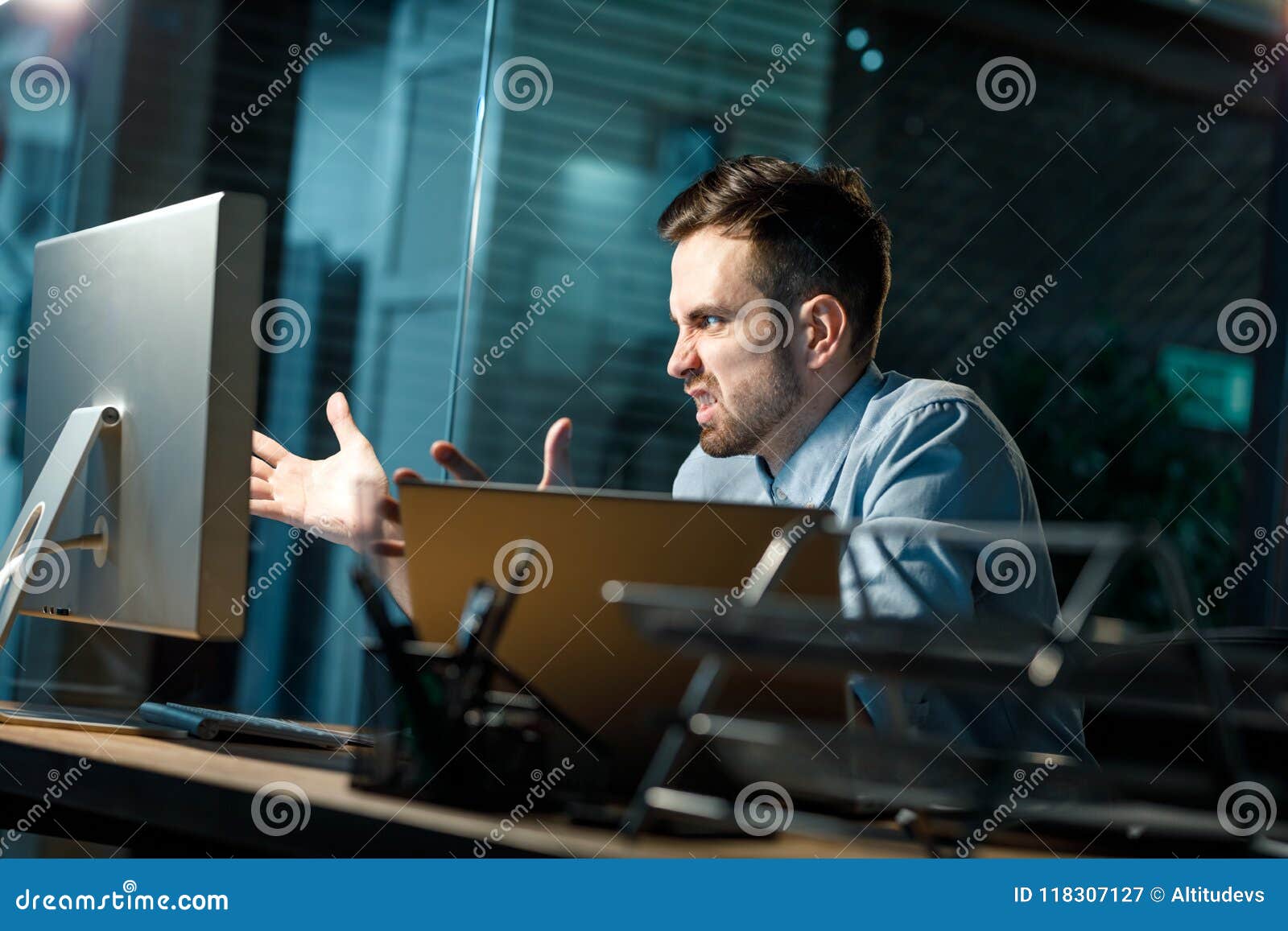 Angry Man with Computer in Office Stock Image - Image of malfunction ...