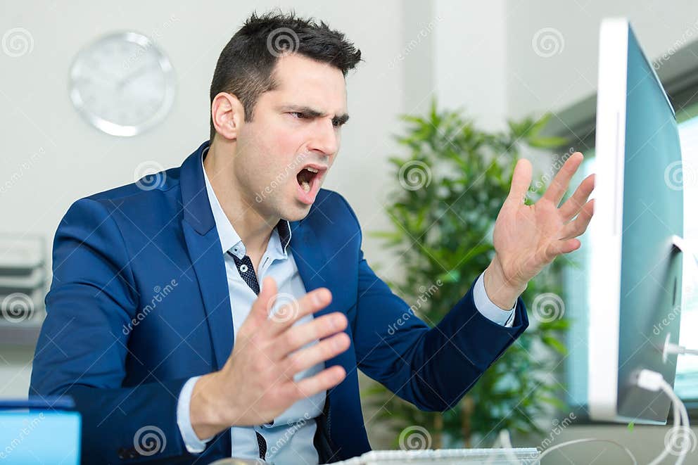 Angry Man at Computer Screen Stock Photo - Image of injustice, house ...