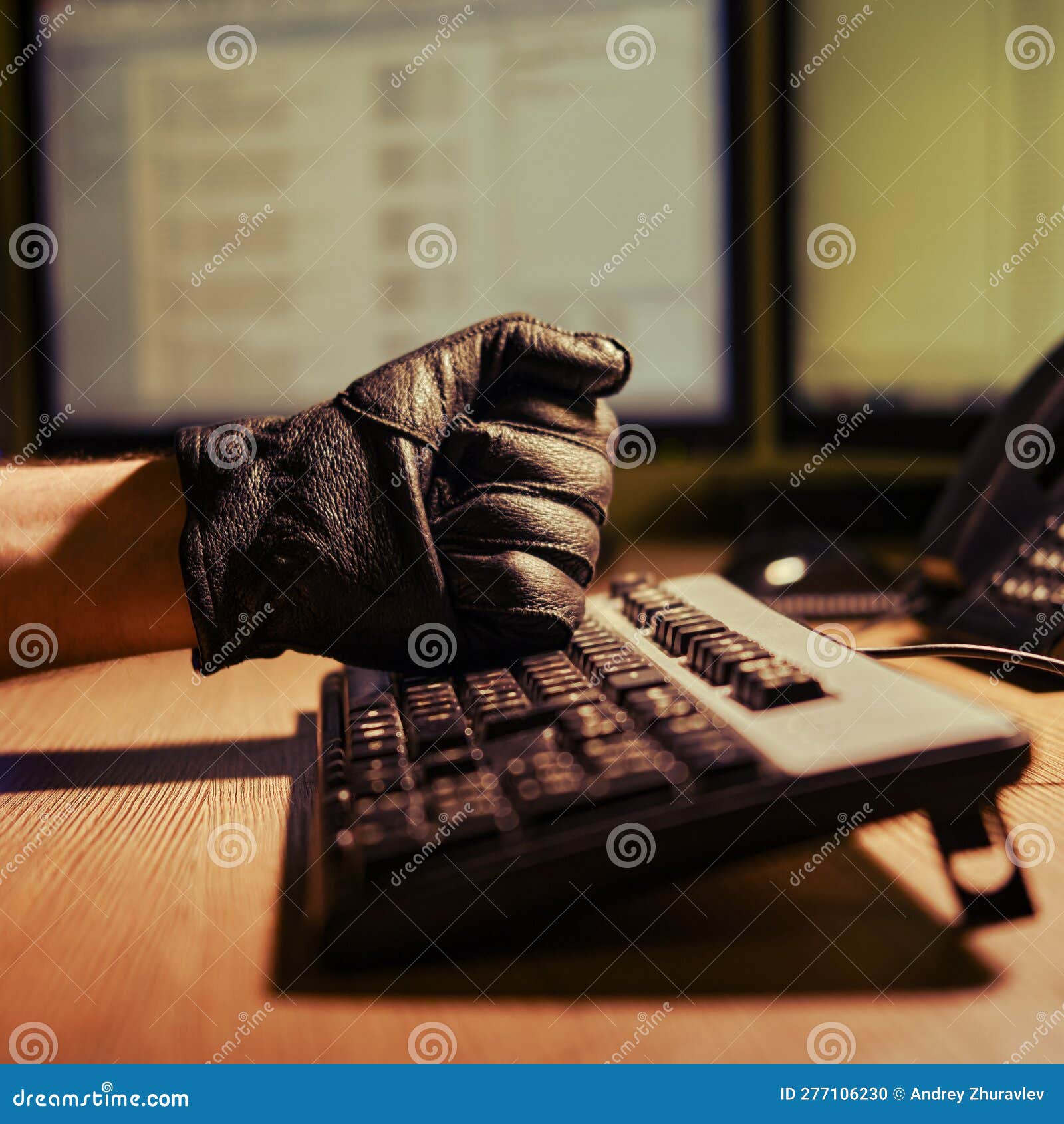Angry Man Hacker in Black Gloves on His Hands Working on a Computer ...