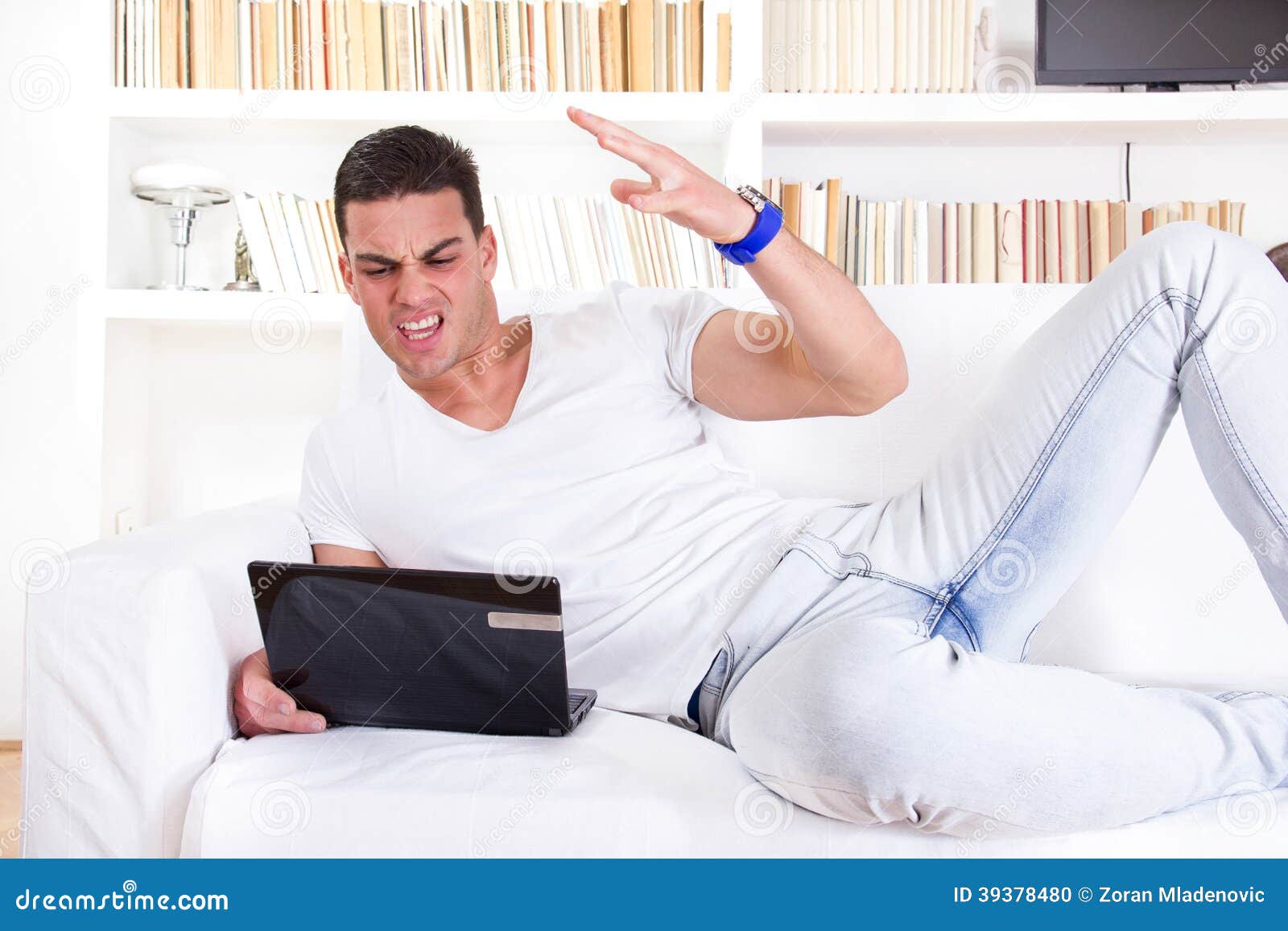 Angry Man Having Troubles with Laptop Computer Stock Photo - Image of ...