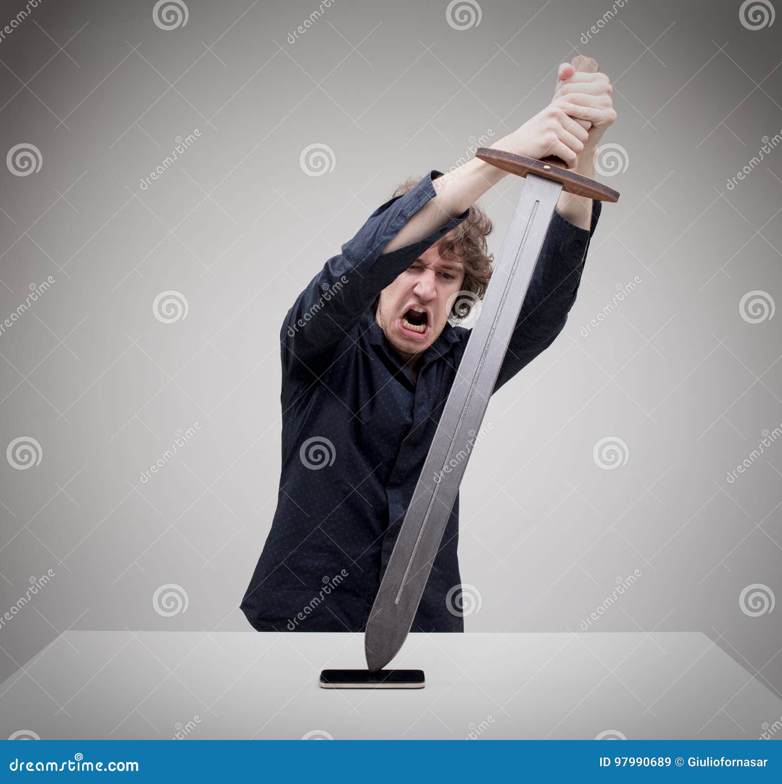 Angry Man Hitting His Phone with a Sword Stock Image - Image of online ...